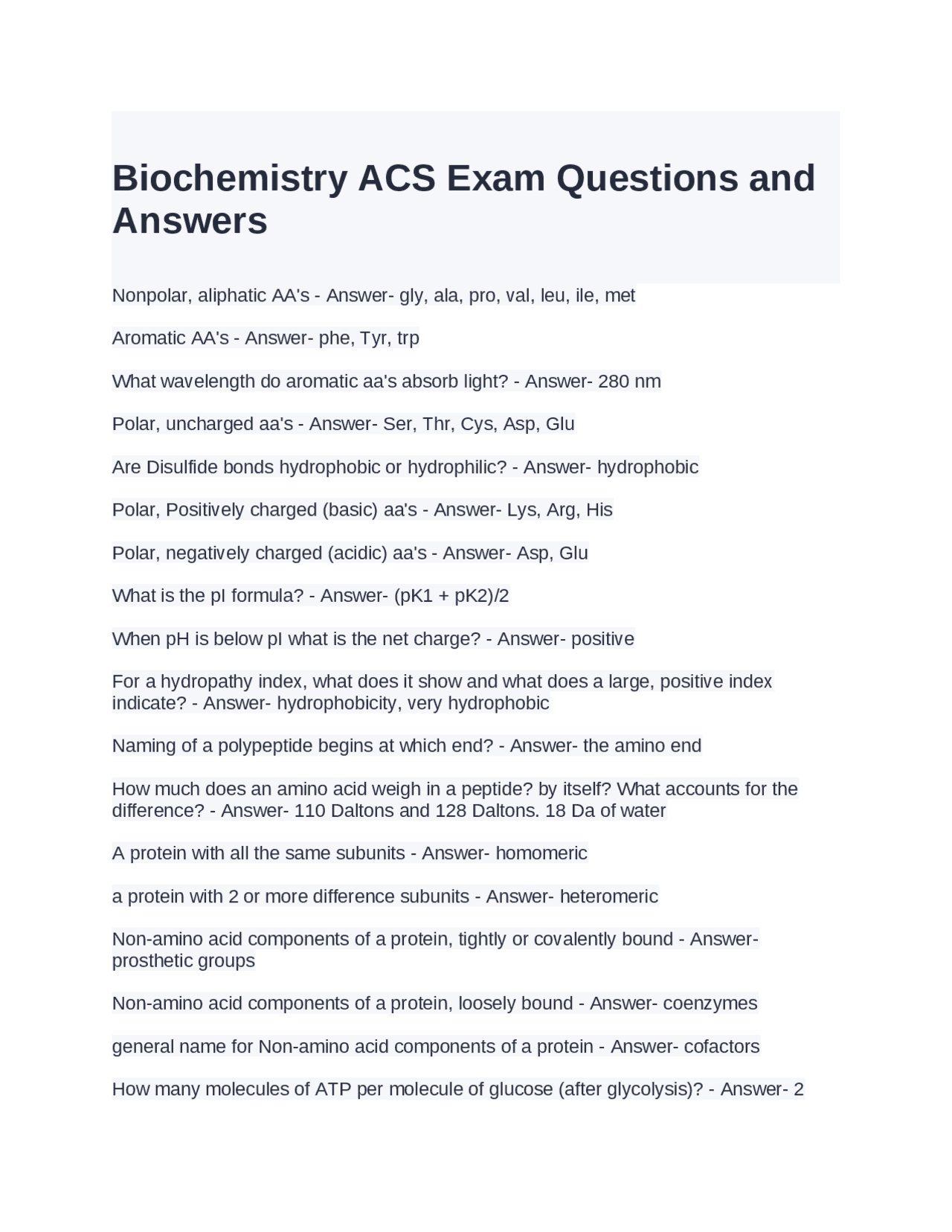 Biochemistry ACS Exam Questions and Answers | Exams Biochemistry | Docsity