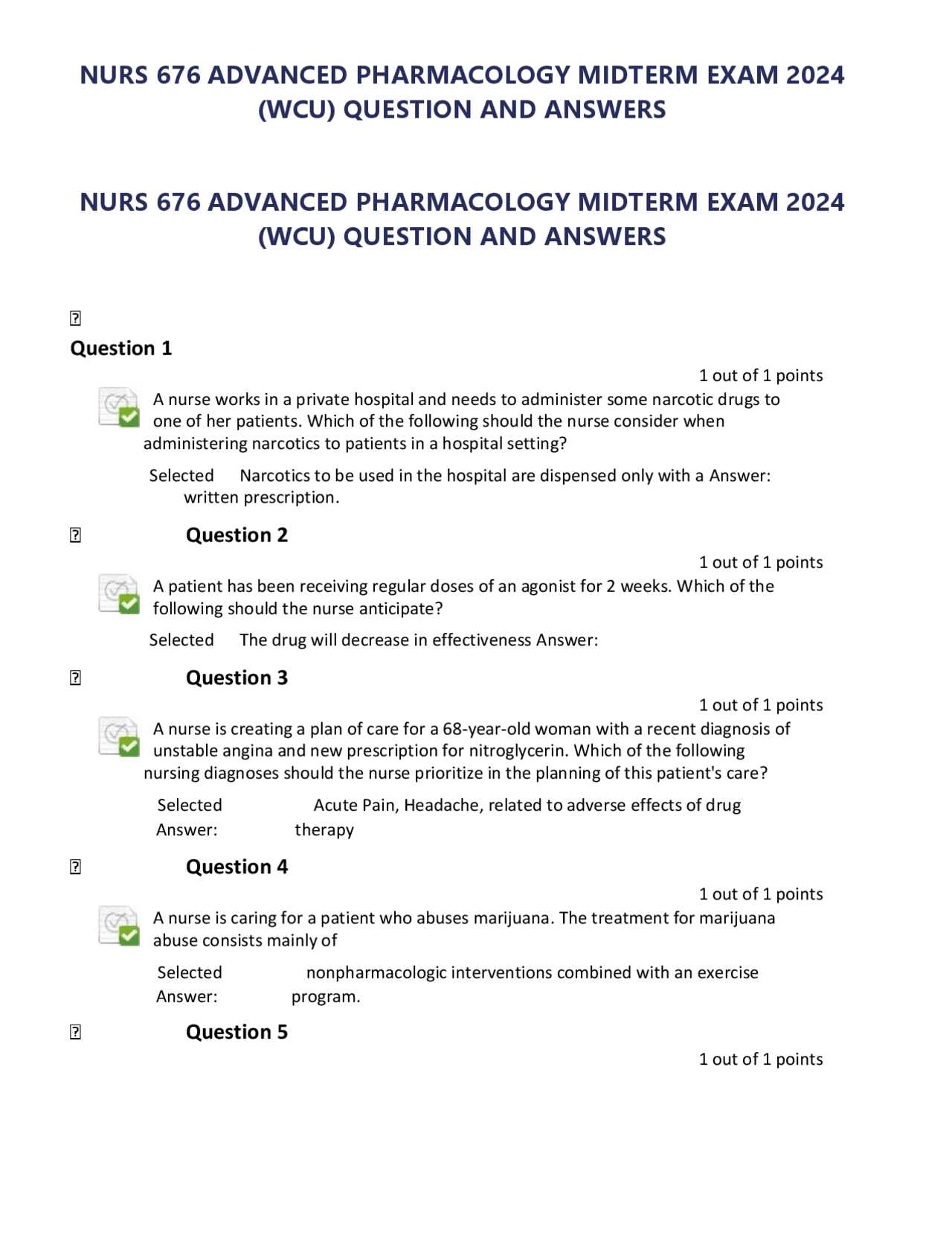 NURS 676 ADVANCED PHARMACOLOGY MIDTERM EXAM 2024 (WCU) QUESTION AND ANSWERS | Exams Nursing ...