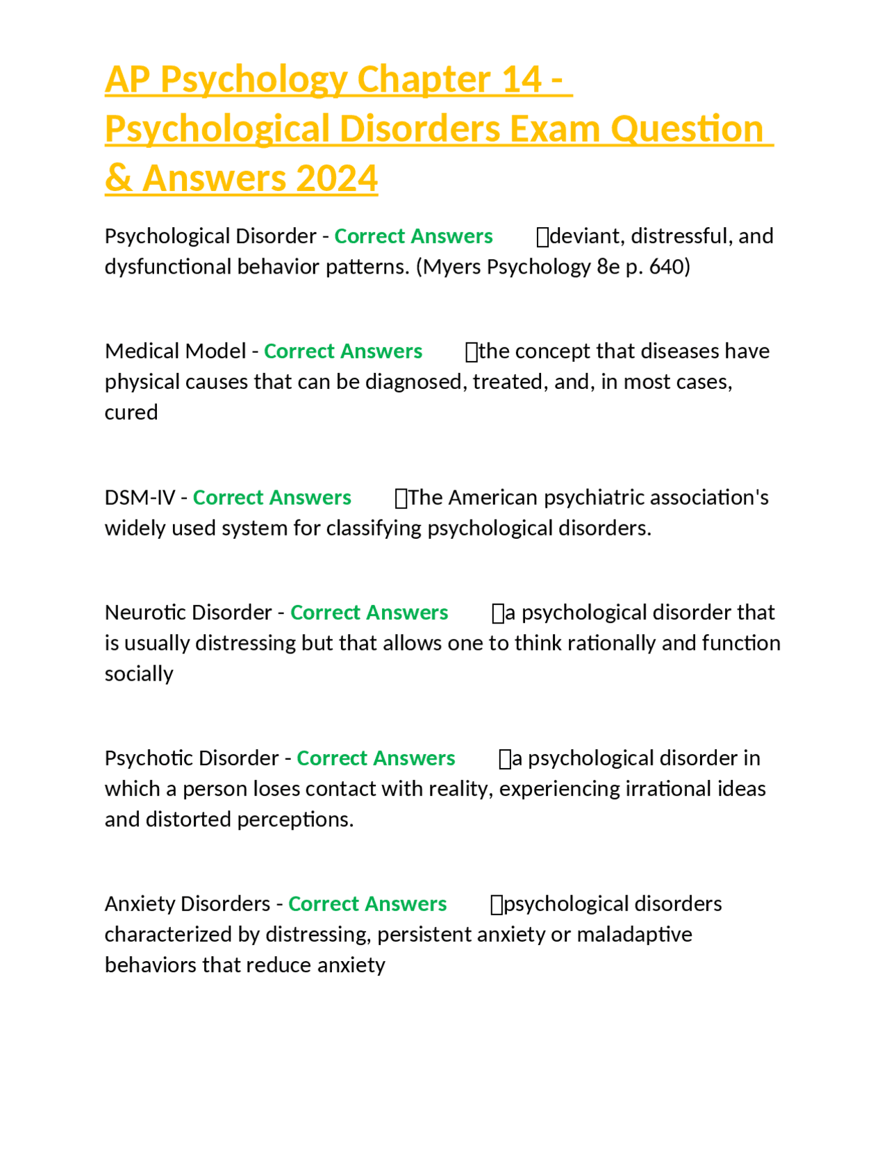 AP Psychology Chapter 14 - Psychological Disorders Exam Question ...