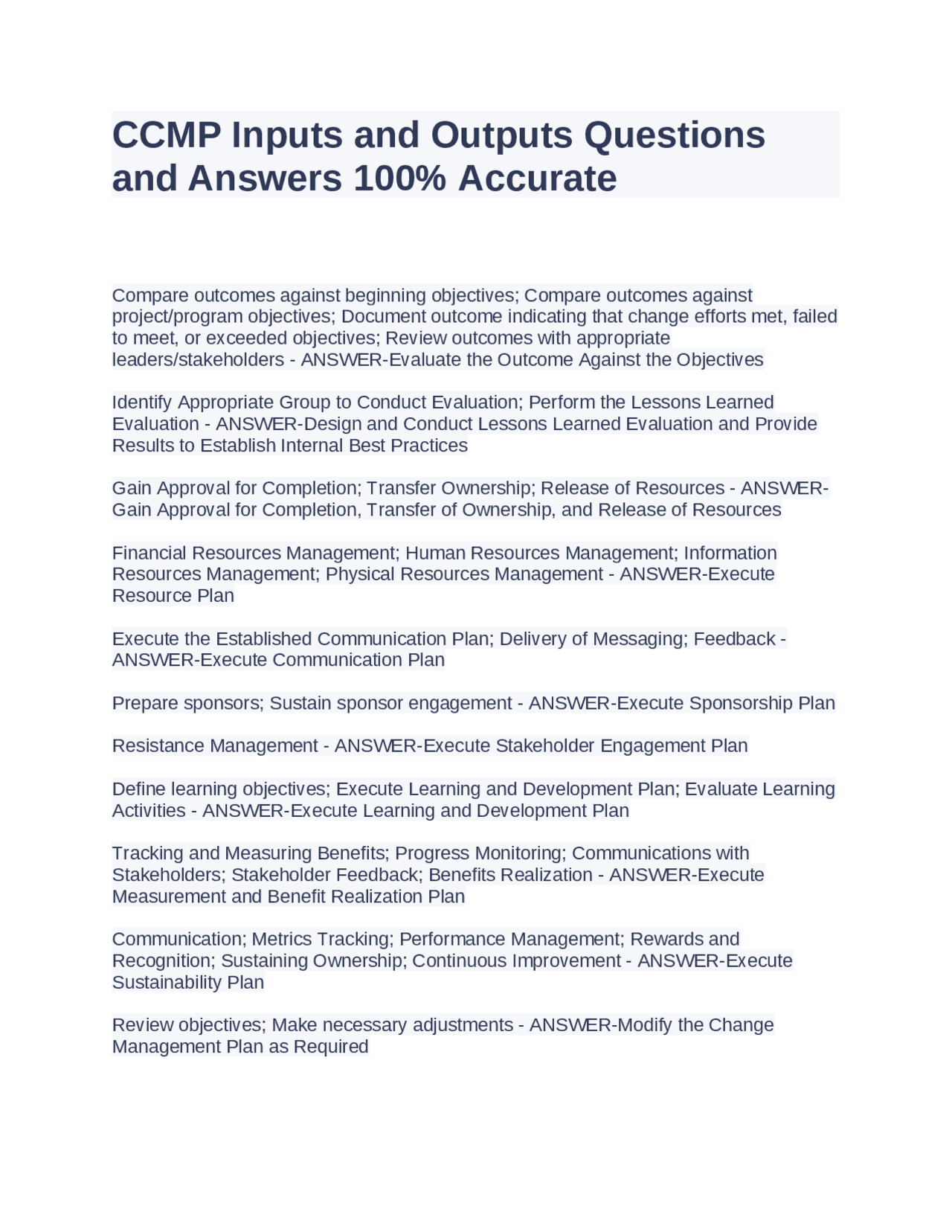 CCMP Inputs and Outputs Questions and Answers 100% Accurate | Exams ...