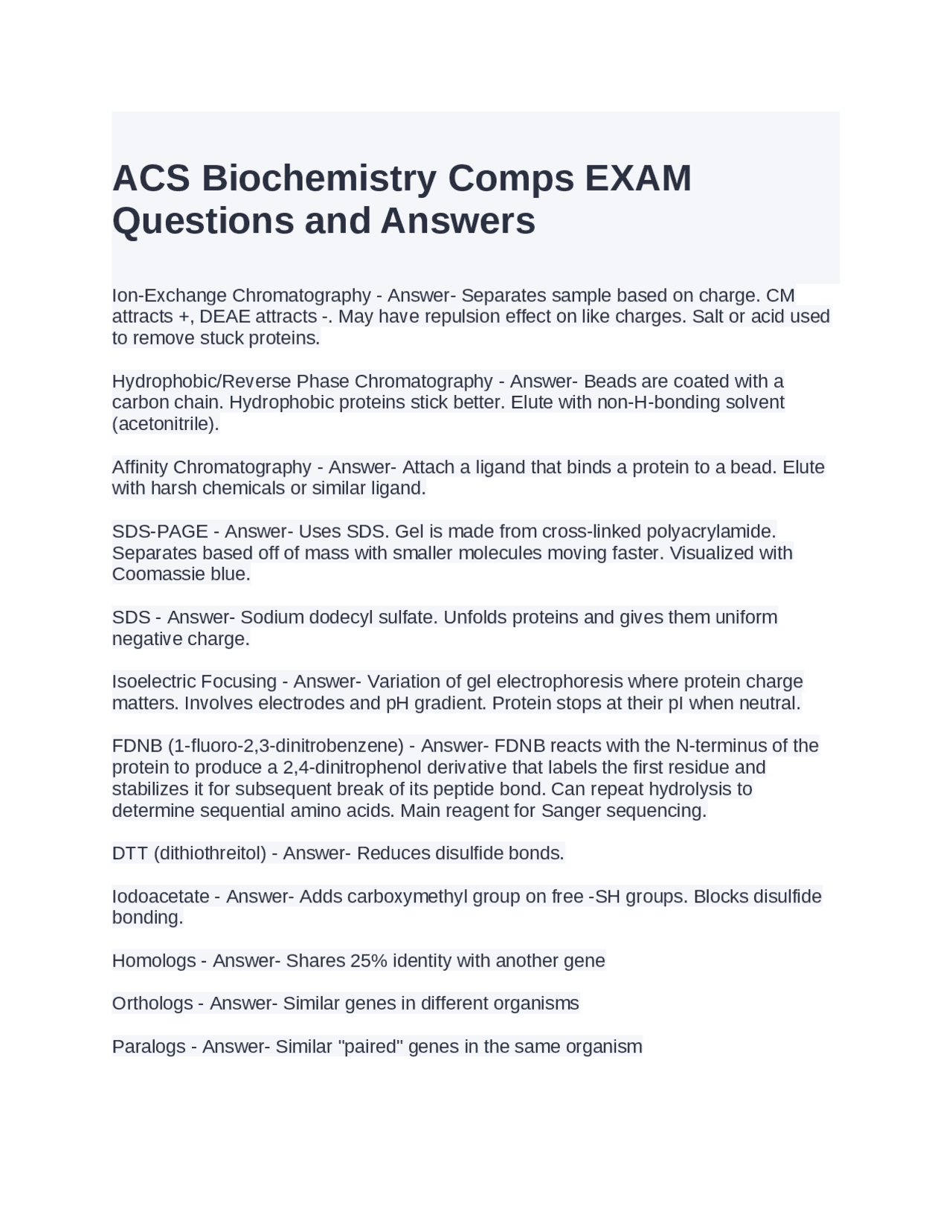 ACS Biochemistry Comps EXAM Questions and Answers | Exams Biochemistry ...