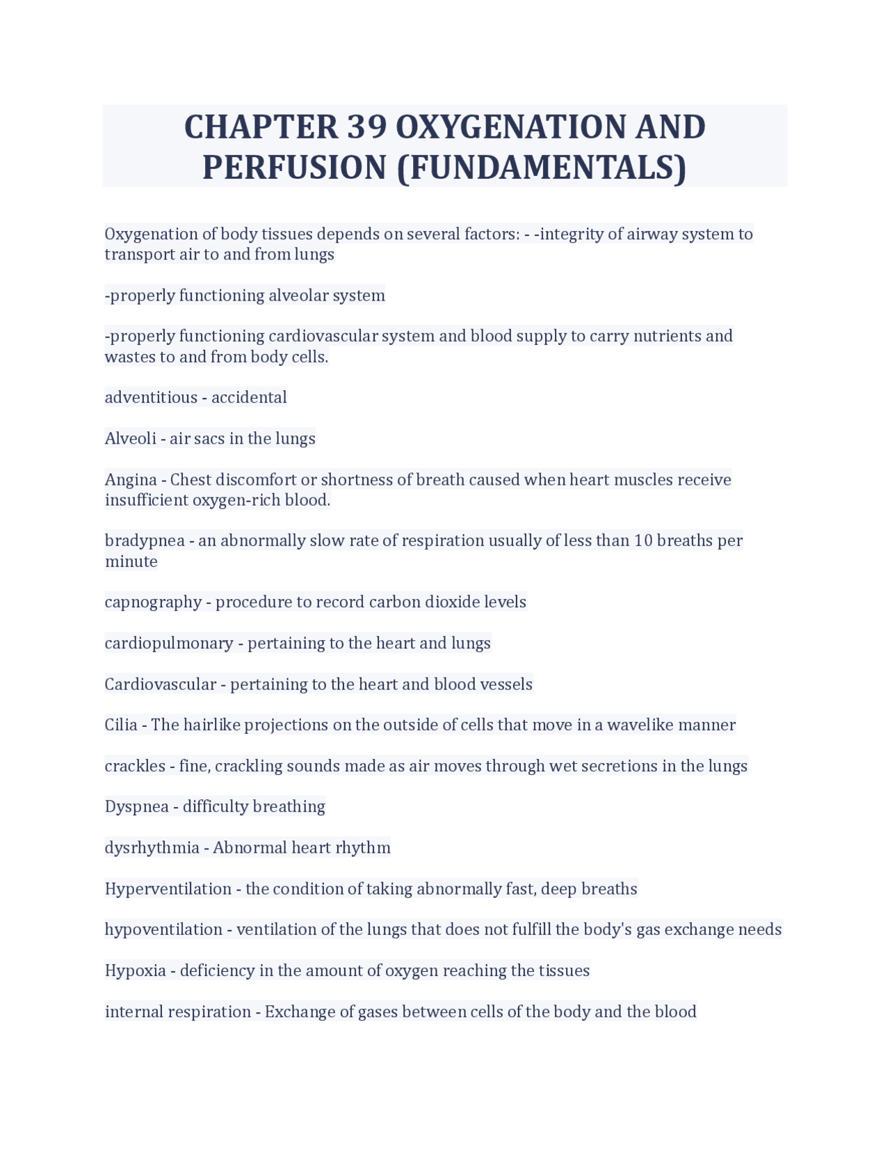 CHAPTER 39 OXYGENATION AND PERFUSION (FUNDAMENTALS) | Exams Nursing | Docsity