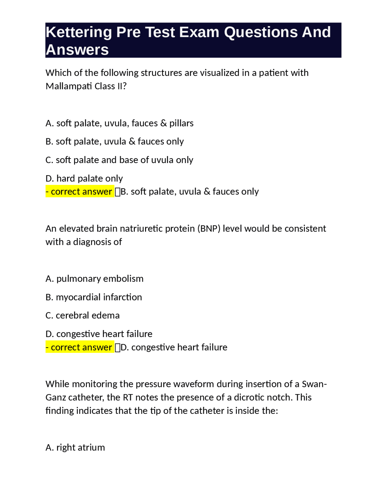 Kettering Pre Test Exam Questions And Answers | Exams Nursing | Docsity