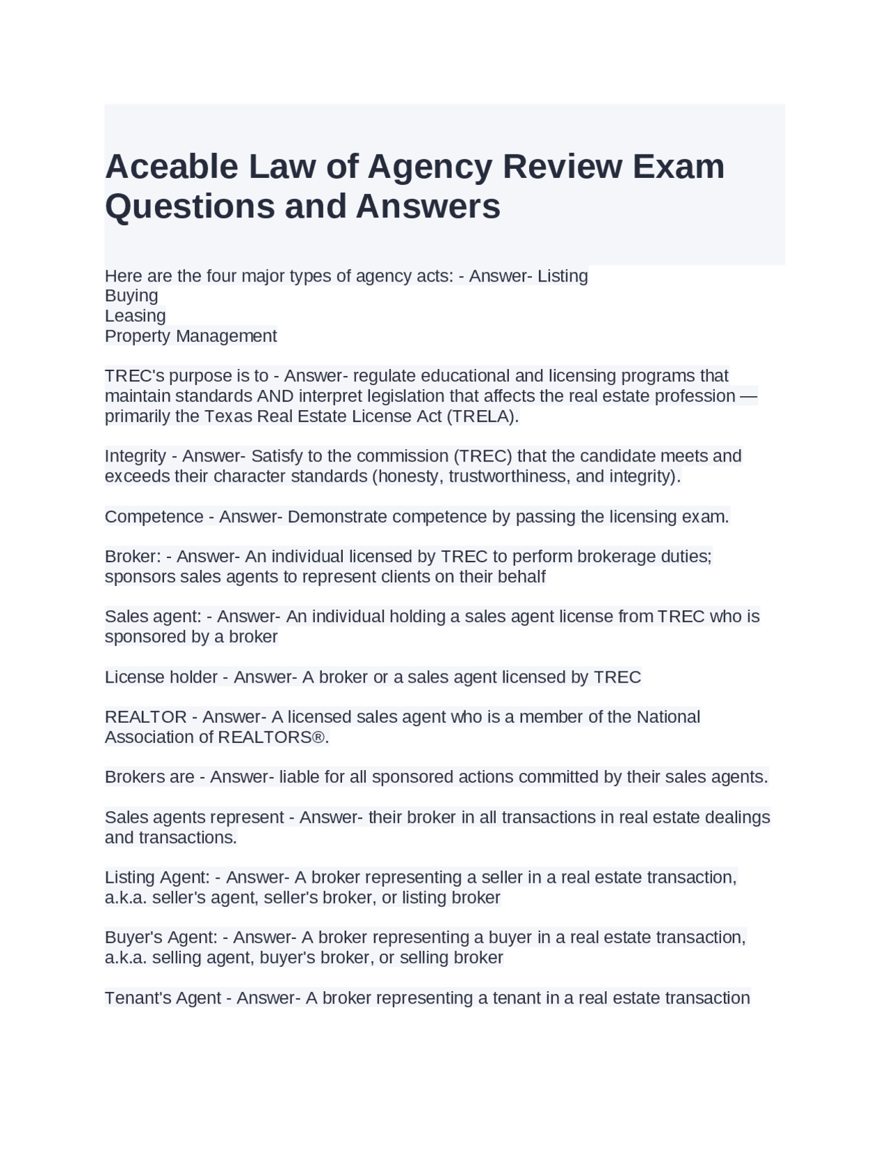 Aceable Law Of Agency Review Exam Questions And Answers 2024 Exams