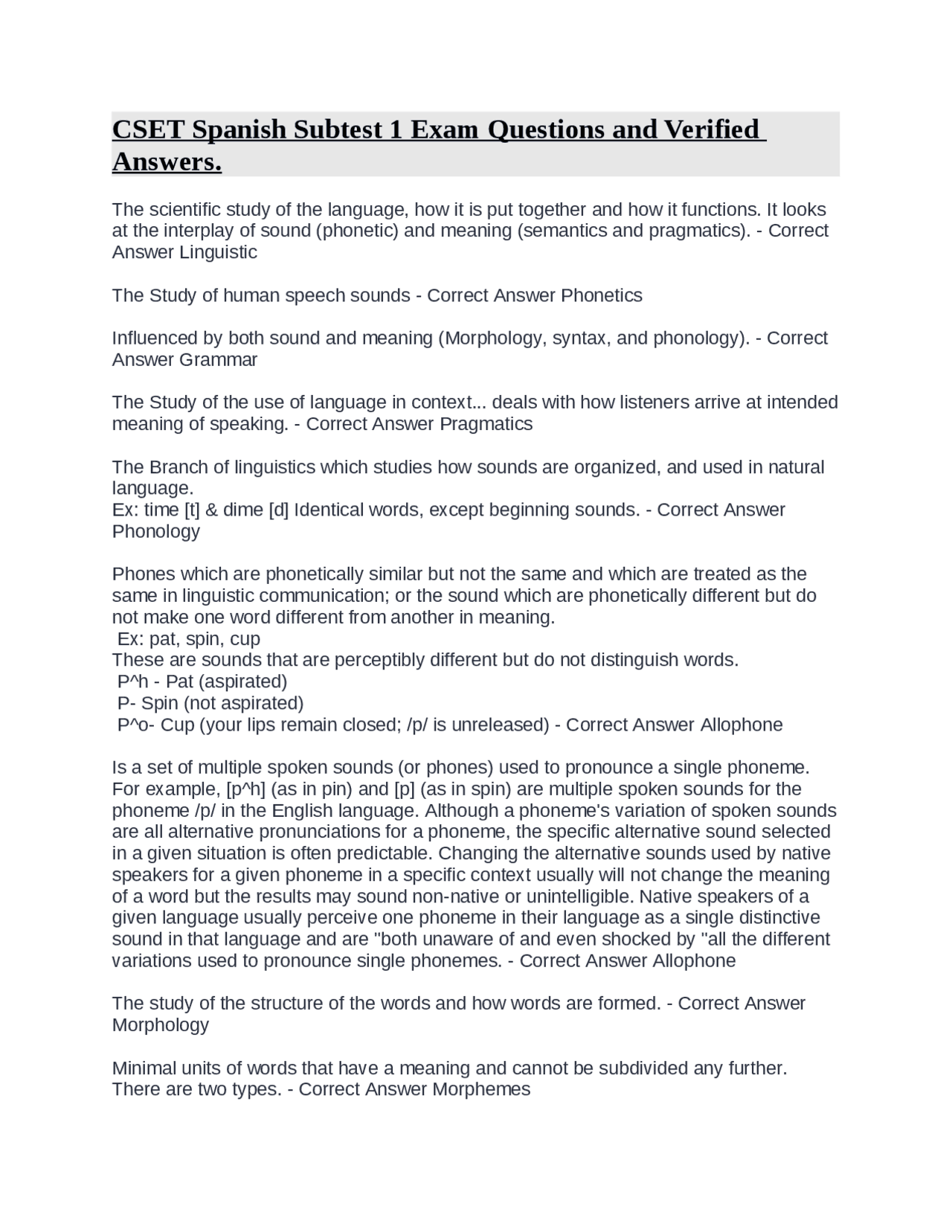 CSET Spanish Subtest 1 Exam Questions and Verified Answers. | Exams ...