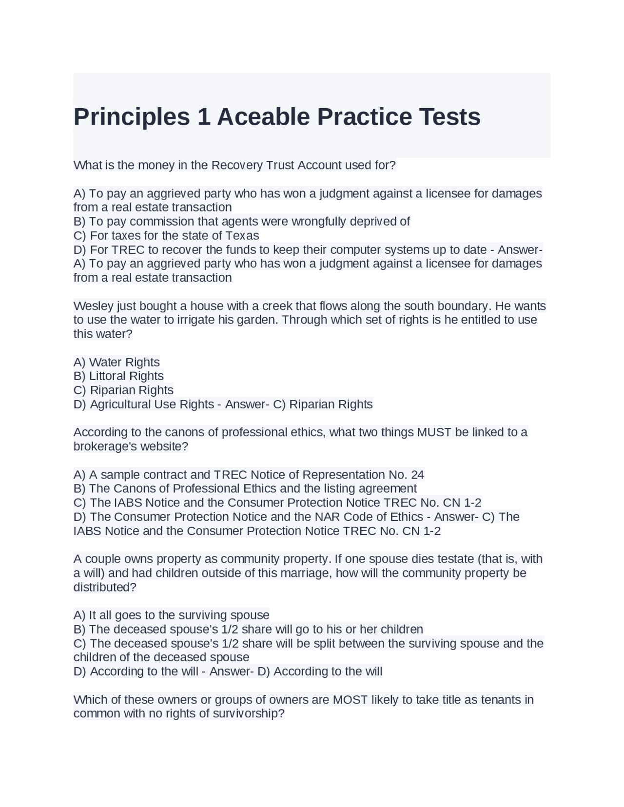 Principles 1 Aceable Practice Tests 100% solved | Exams Real Estate ...