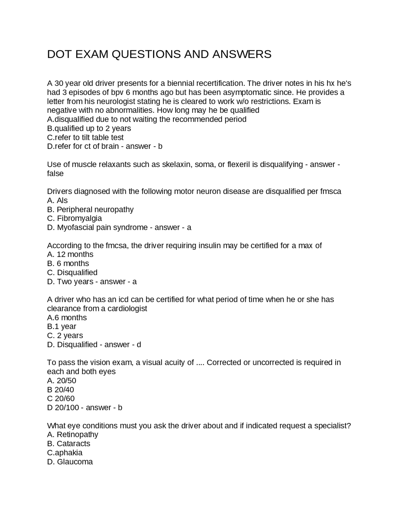 DOT EXAM QUESTIONS AND ANSWERS | Exams Nursing | Docsity