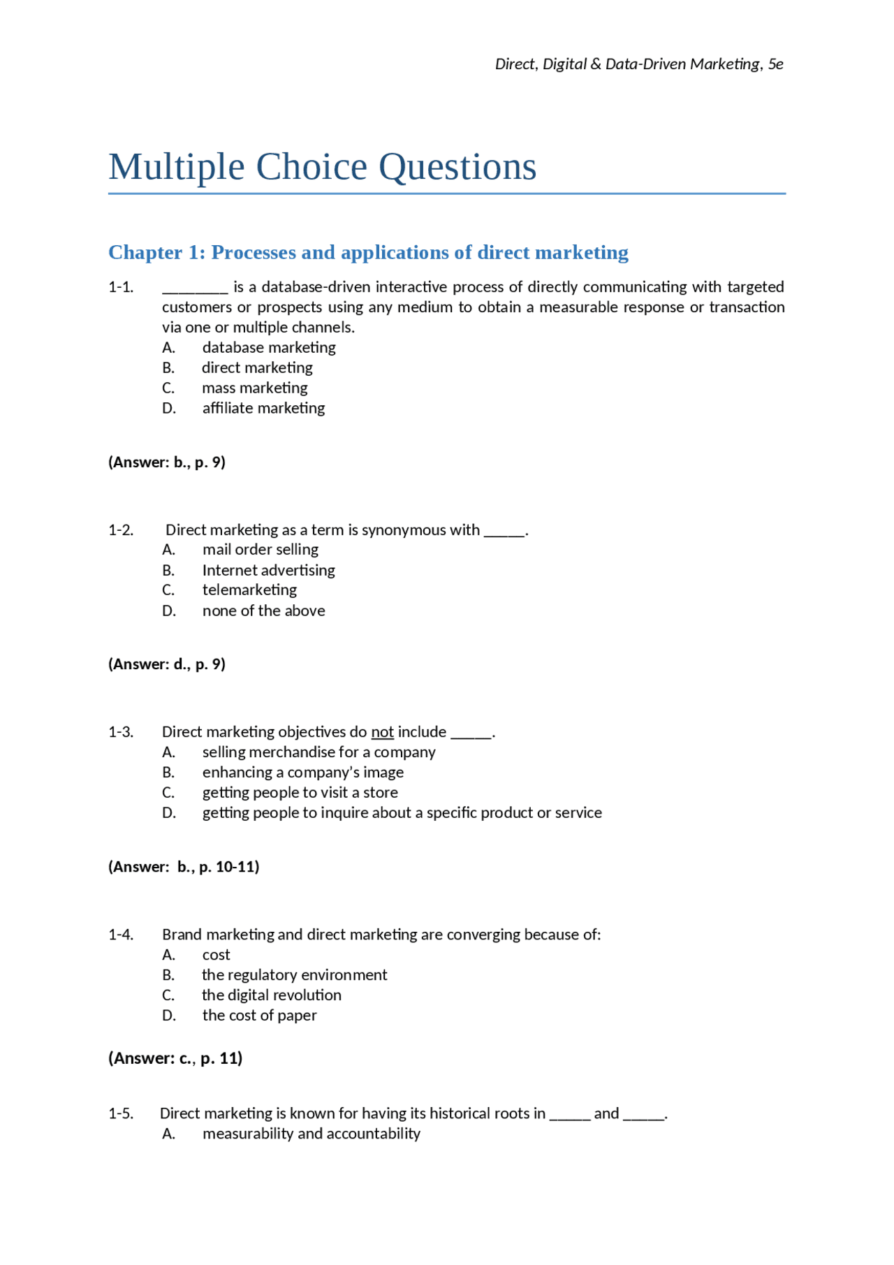 Test Bank Direct, Digital & Data-Driven Marketing 5th Edition | Exams ...