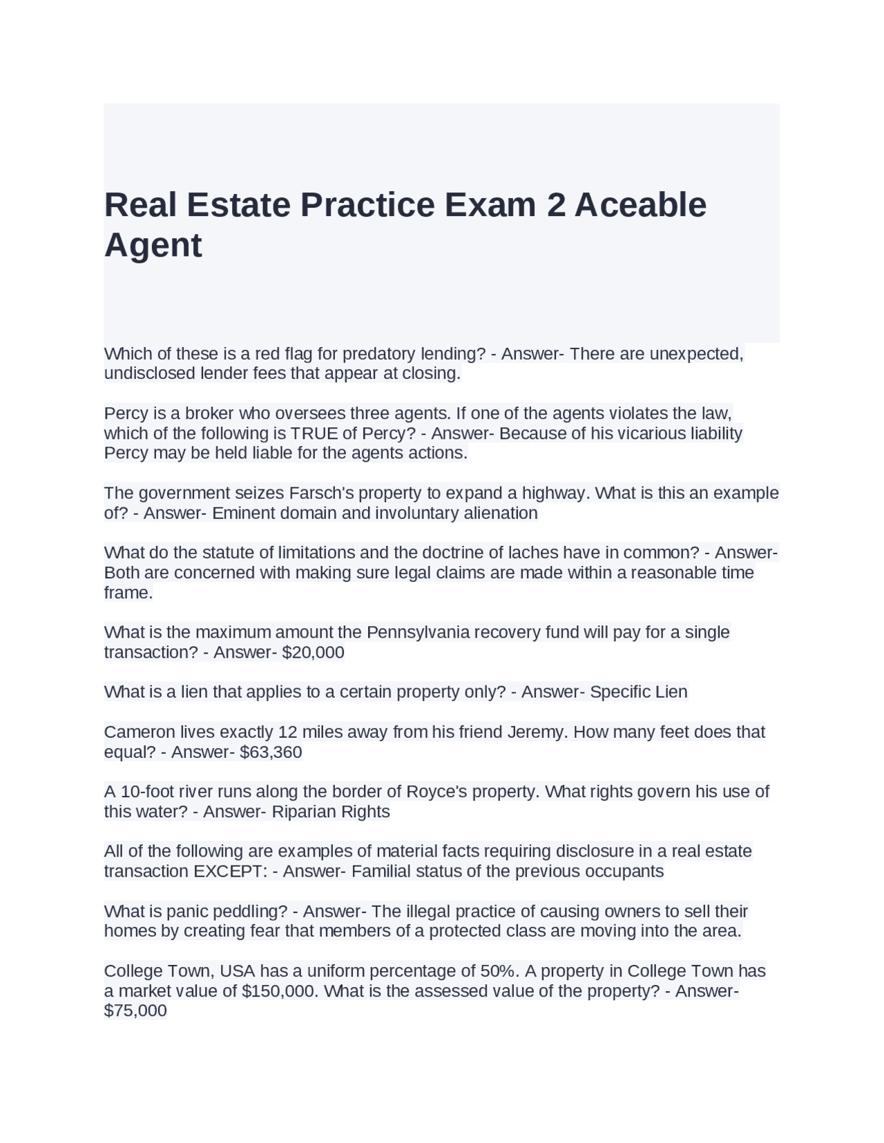 Real Estate Practice Exam 2 Aceable Agent Questions and Answers | Exams ...