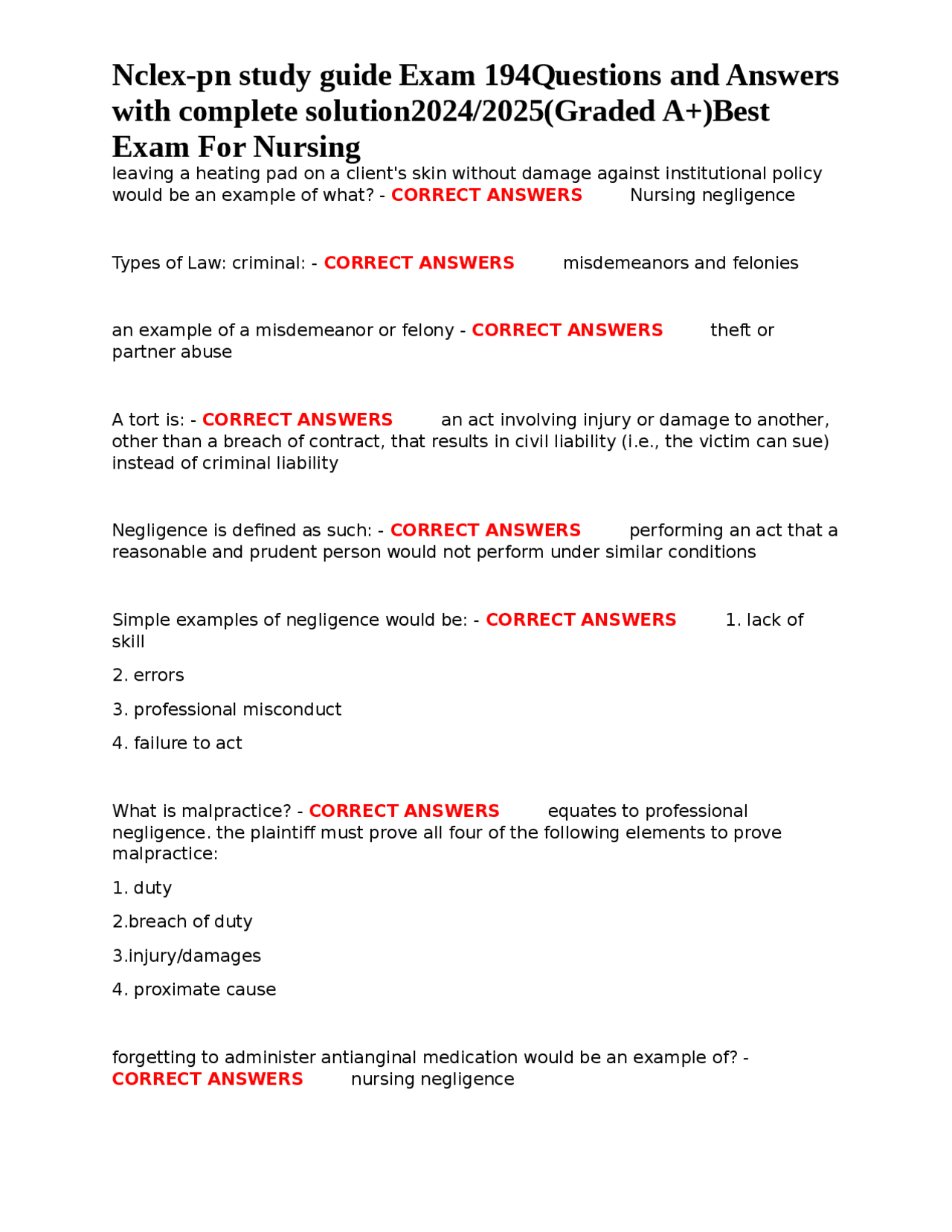 Nclex-pn study guide Exam 194Questions and Answers with complete solution2024/2025(Graded ...