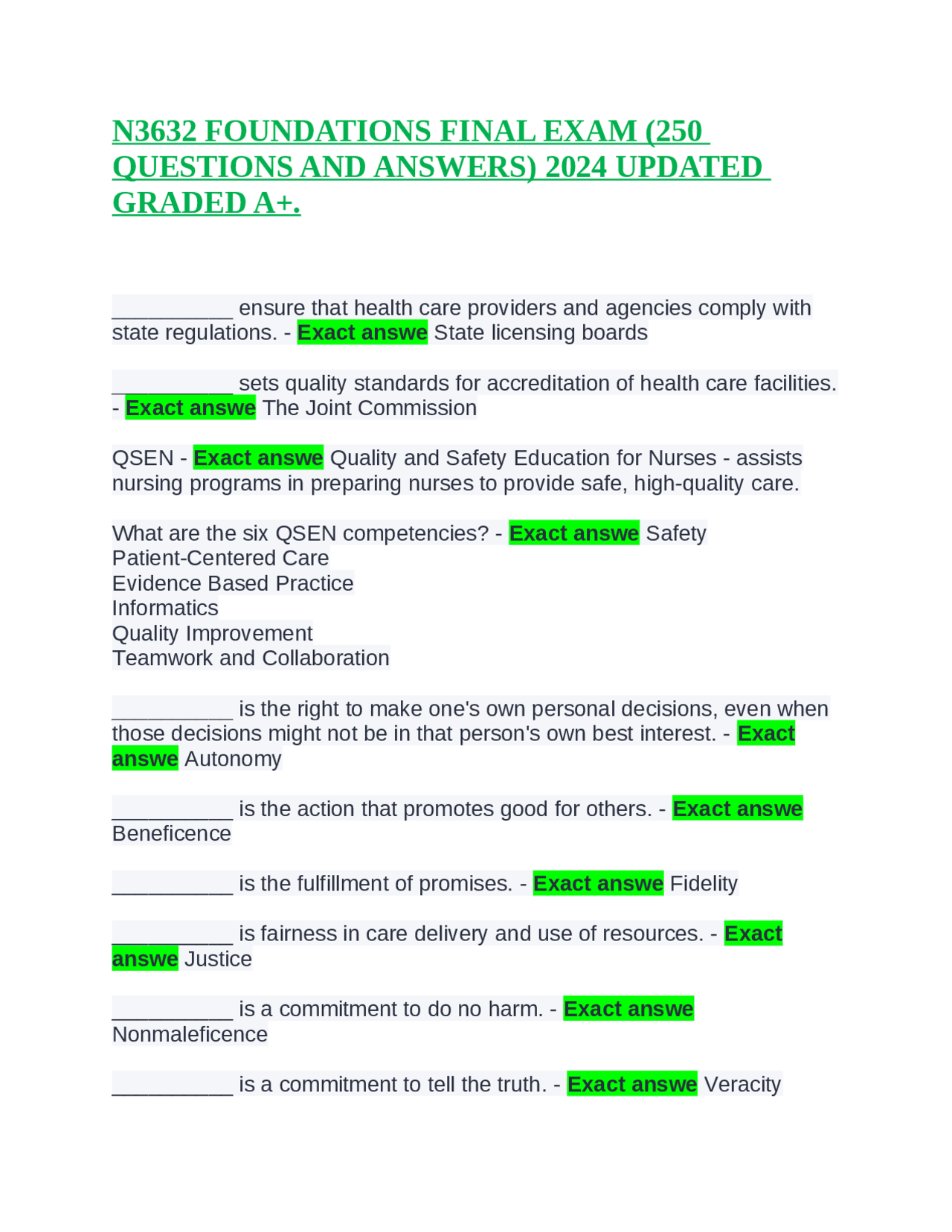 N3632 FOUNDATIONS FINAL EXAM (250 QUESTIONS AND ANSWERS) 2024 UPDATED GRADED A+. | Exams Nursing ...