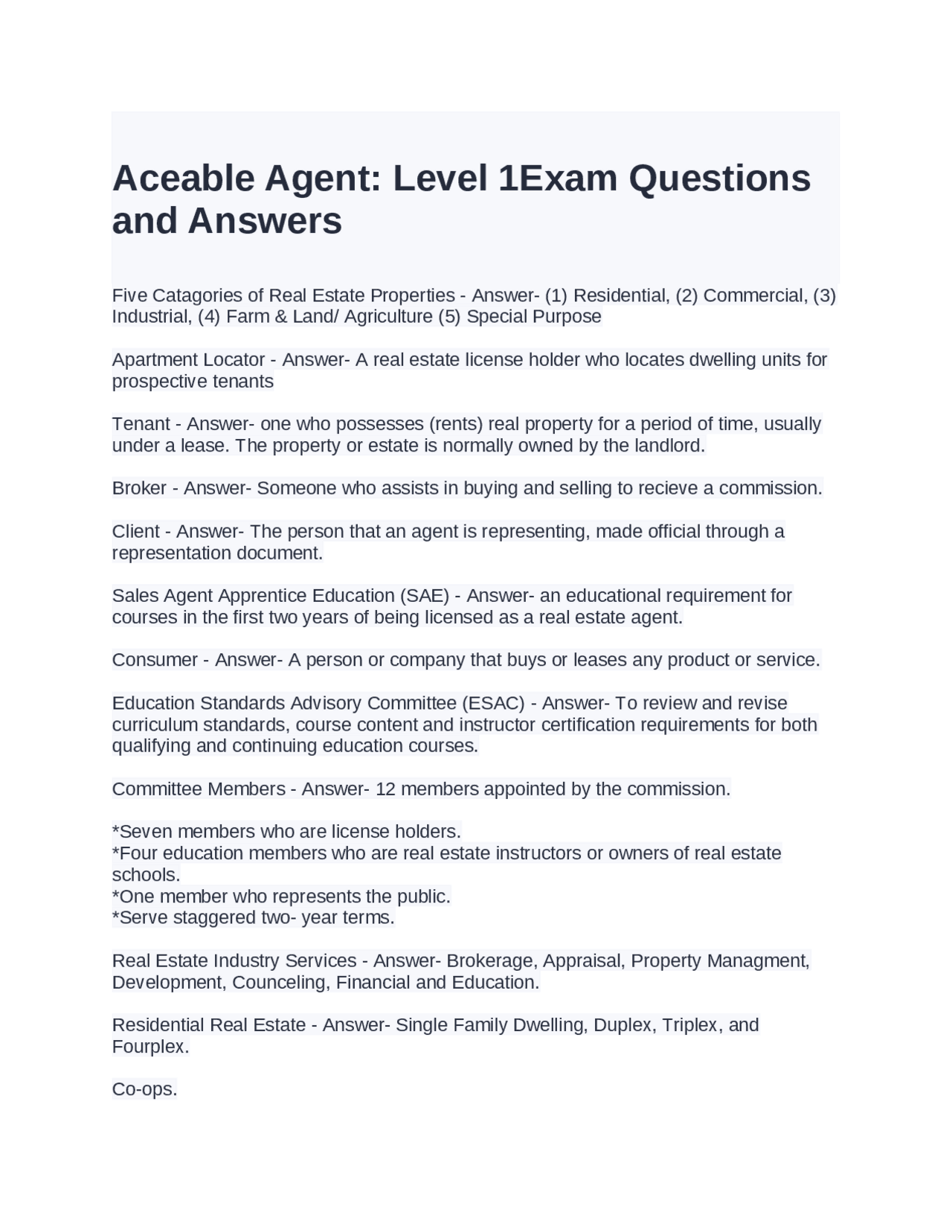 Aceable Agent Level 1Exam Questions and Answers | Exams Real Estate ...