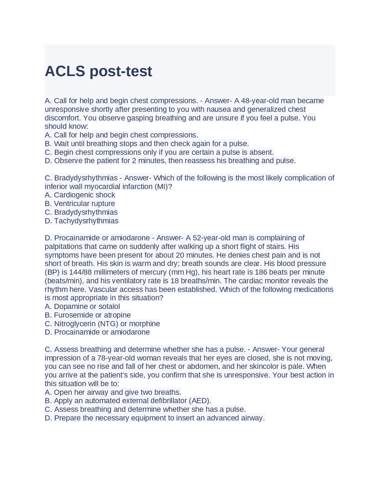 ACLS post-test questions and answers | Exams Nursing | Docsity