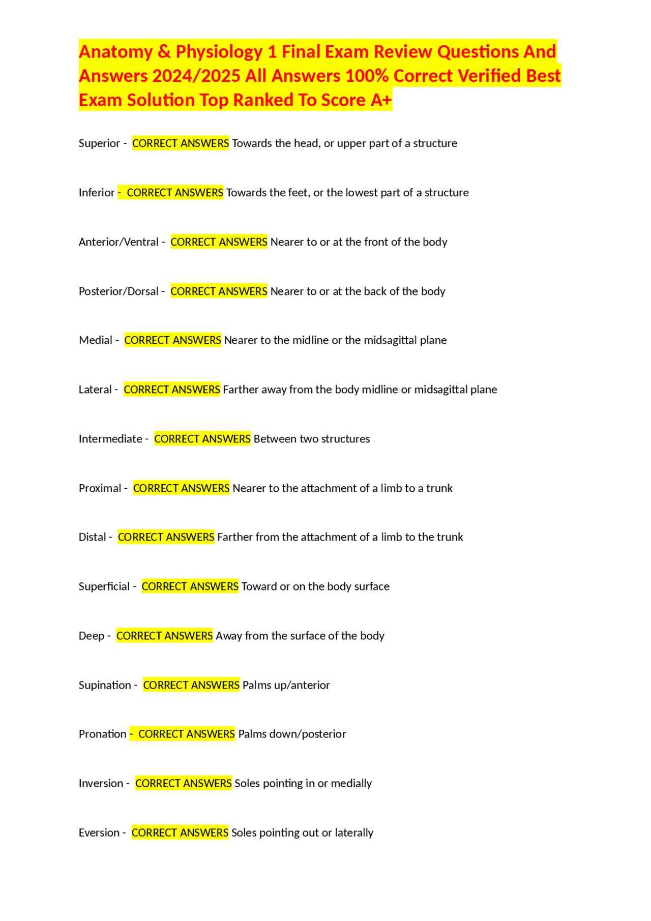 Anatomy & Physiology 1 Final Exam Review Questions And Answers 2024/ ...