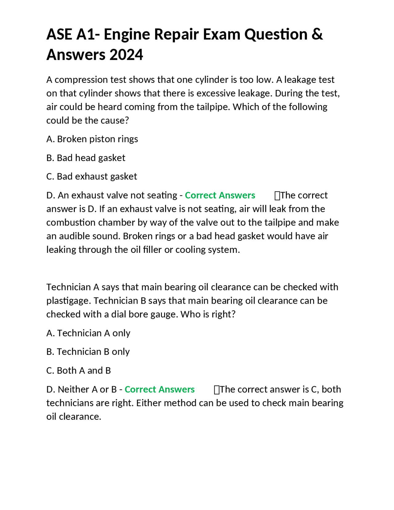 ASE A1- Engine Repair Exam Question & Answers 2024 | Exams Nursing ...