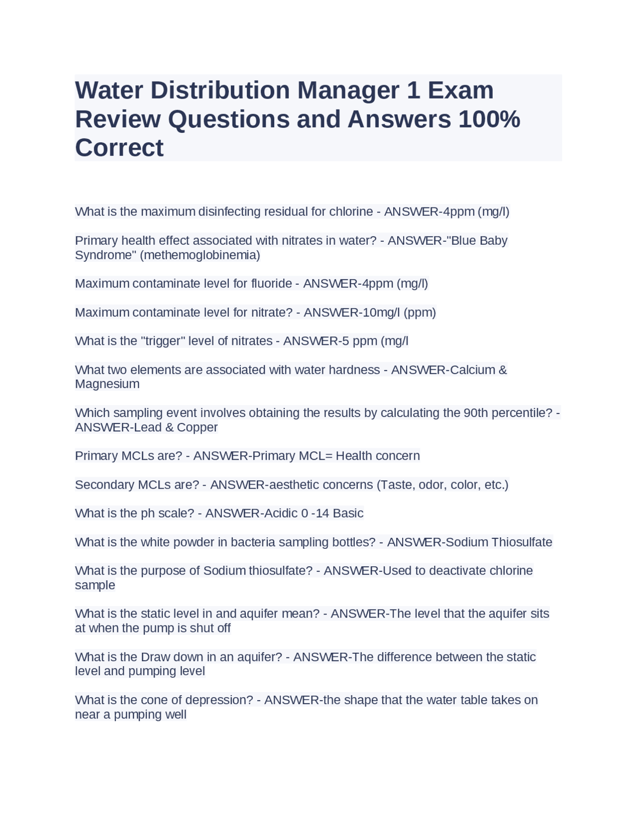 Water Distribution Manager 1 Exam Review Questions and Answers 100% ...