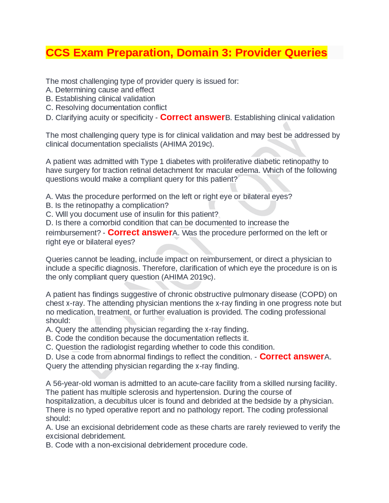CCS Exam Preparation, Domain 3: Provider Queries | Exams Nursing | Docsity