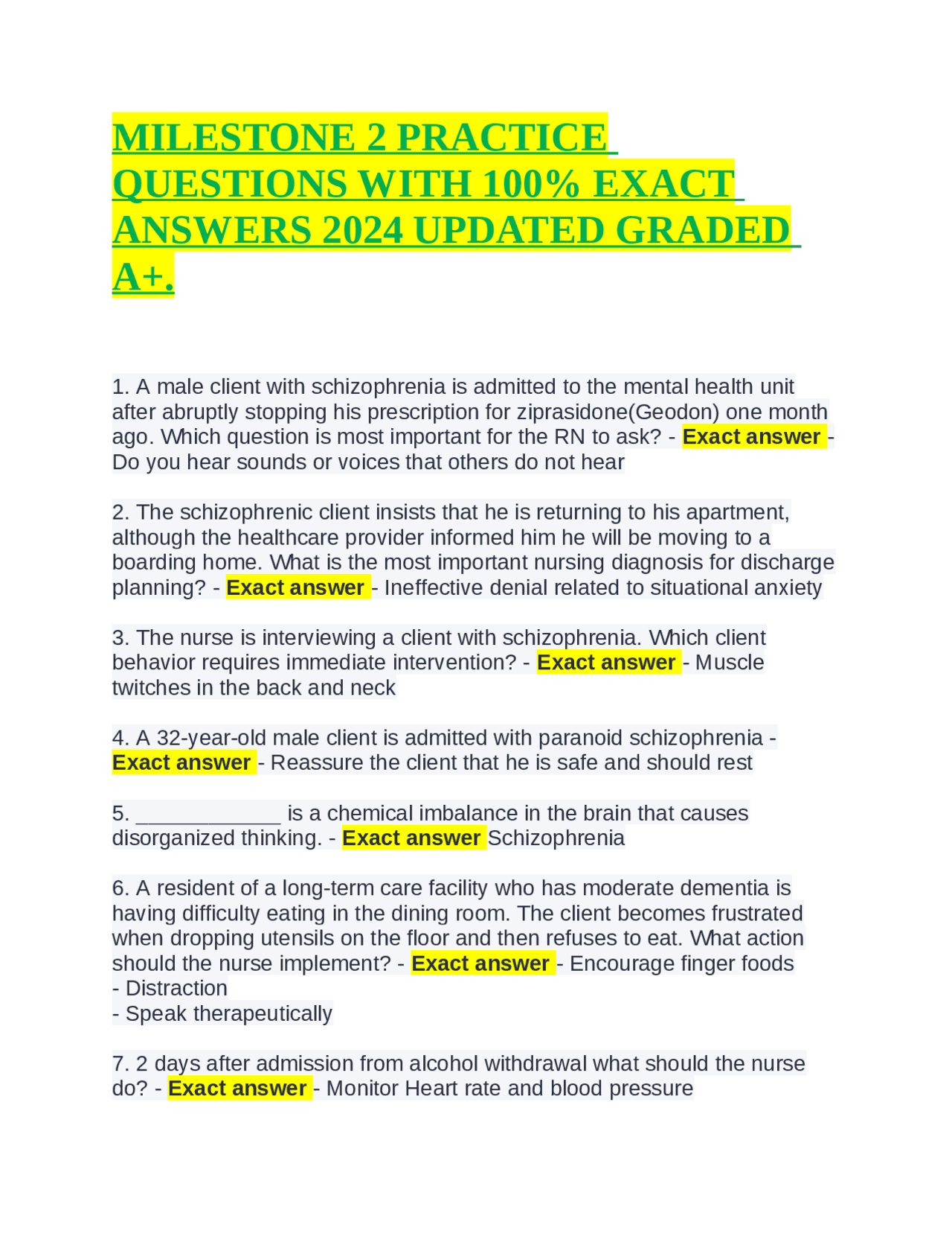 MILESTONE 2 PRACTICE QUESTIONS WITH 100% EXACT ANSWERS 2024 UPDATED ...