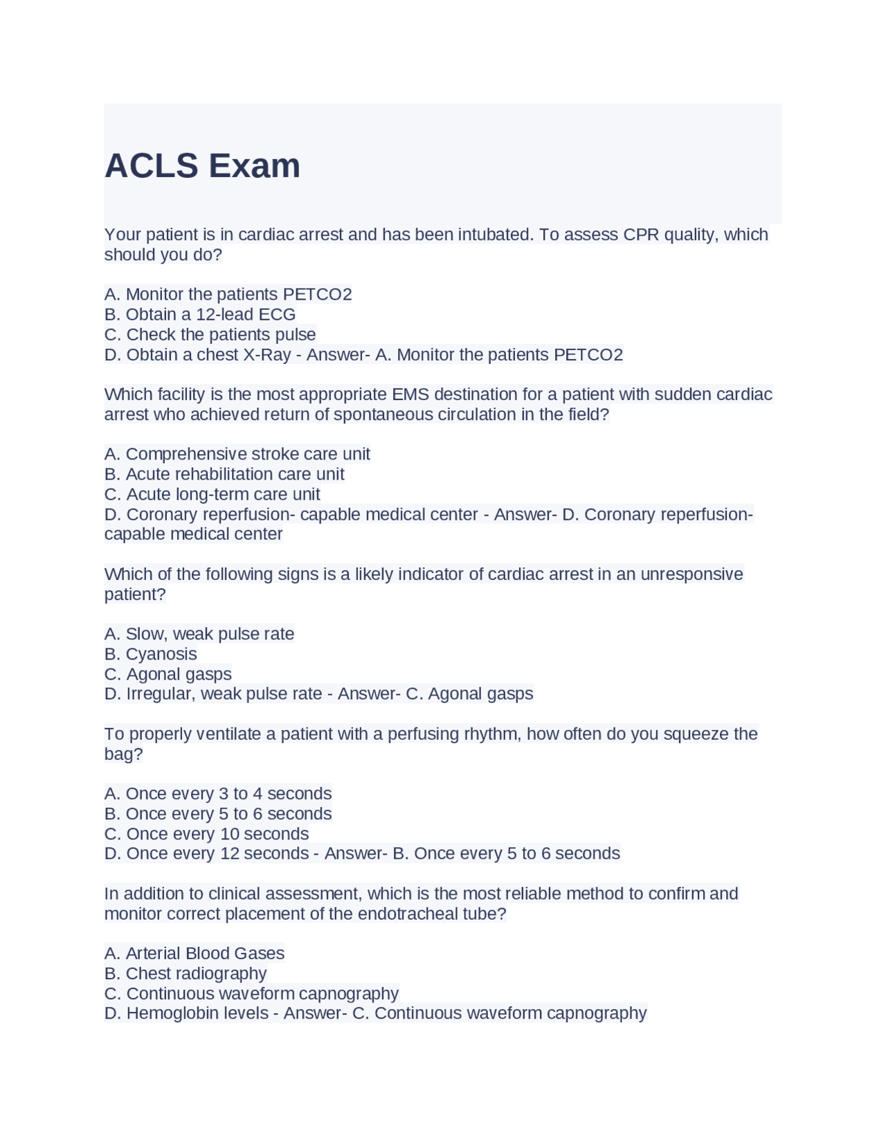 ACLS Exam Question and Answers 2024 | Exams Nursing | Docsity