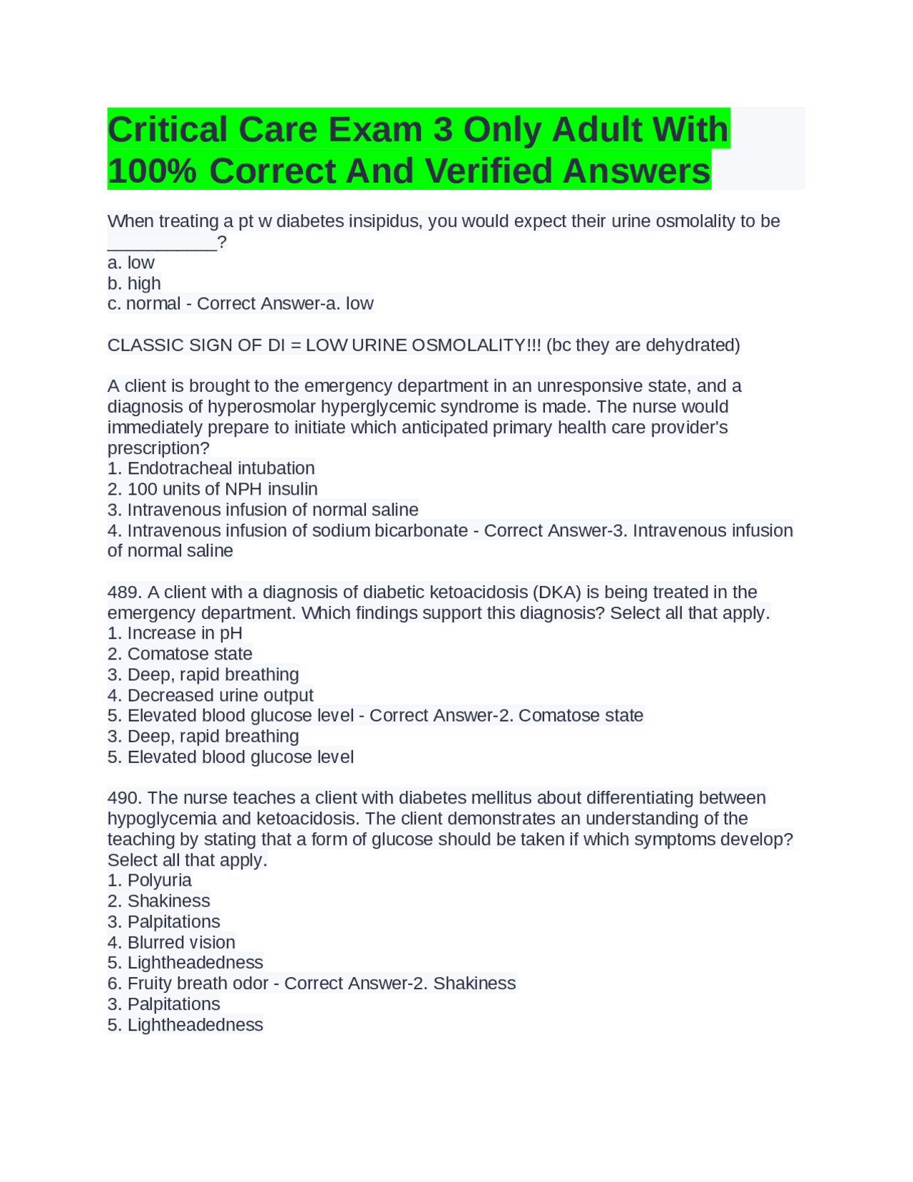 Critical Care Exam 3 Only Adult With 100% Correct And Verified Answers ...