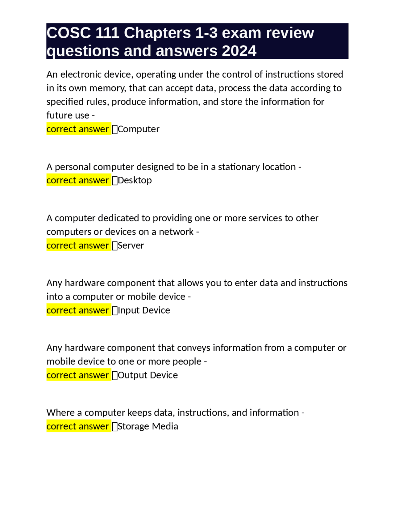 Cosc 111 Chapters 1 3 Exam Review Questions And Answers 2024 Exams Computer Science Docsity
