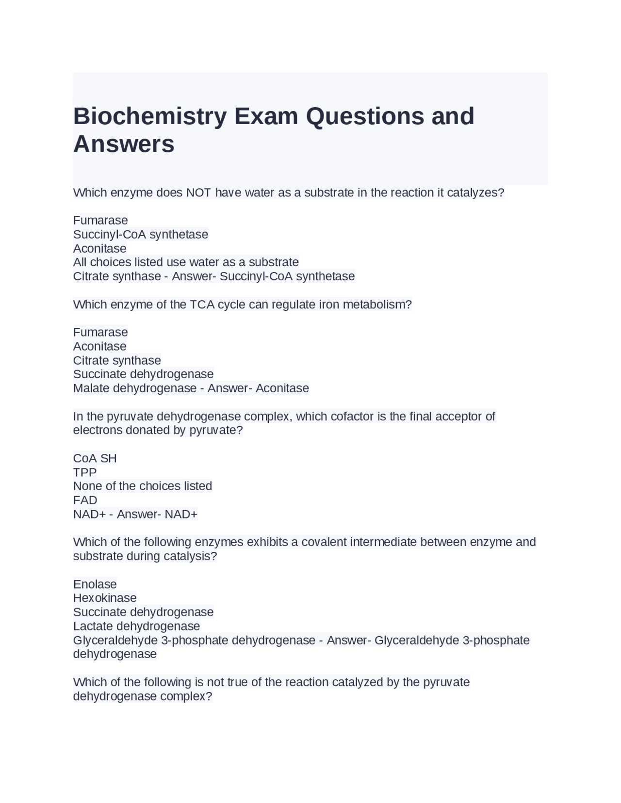 Biochemistry Exam Questions and Answers | Exams Biochemistry | Docsity
