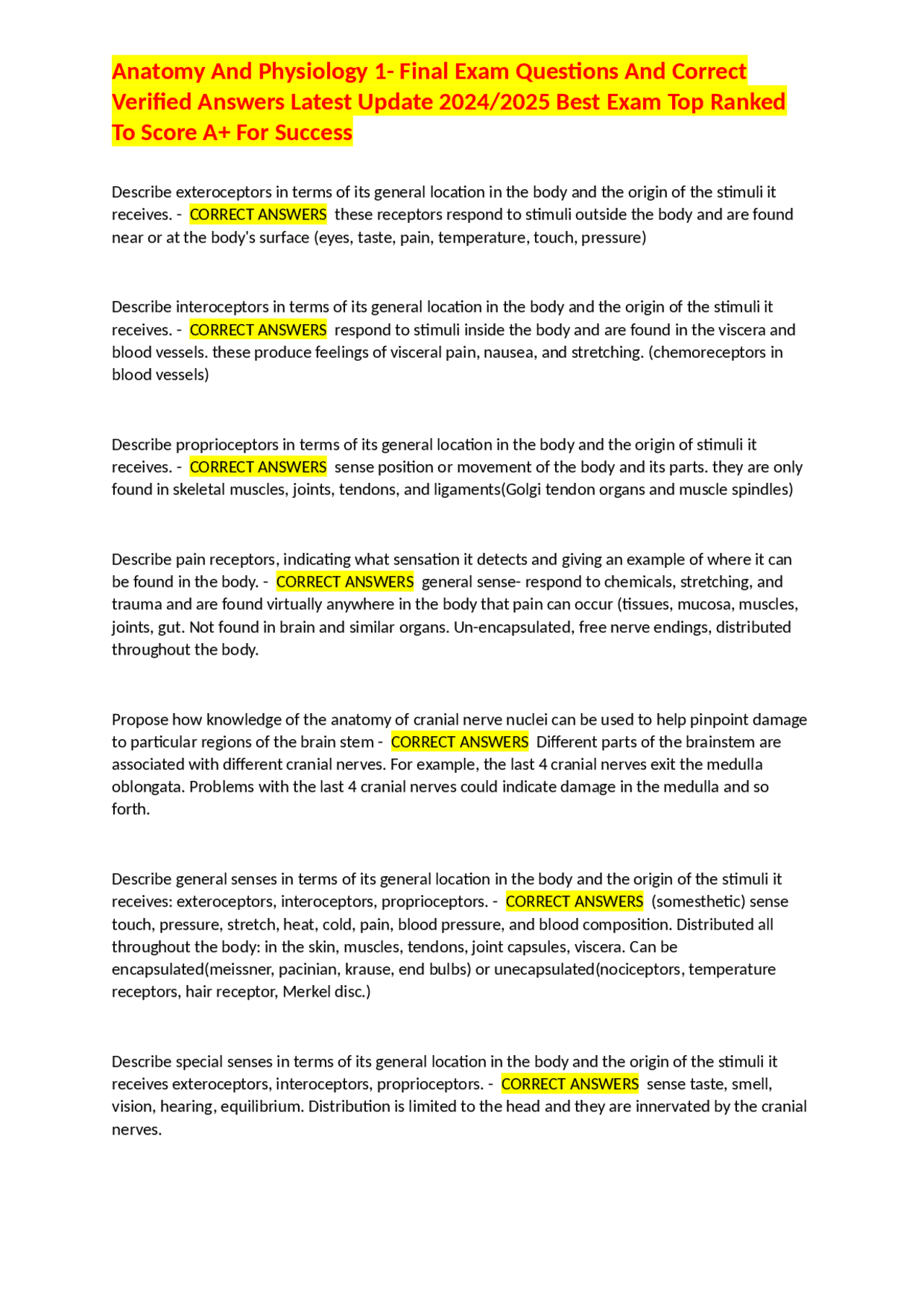 Anatomy And Physiology 1- Final Exam Questions And Correct Verified ...