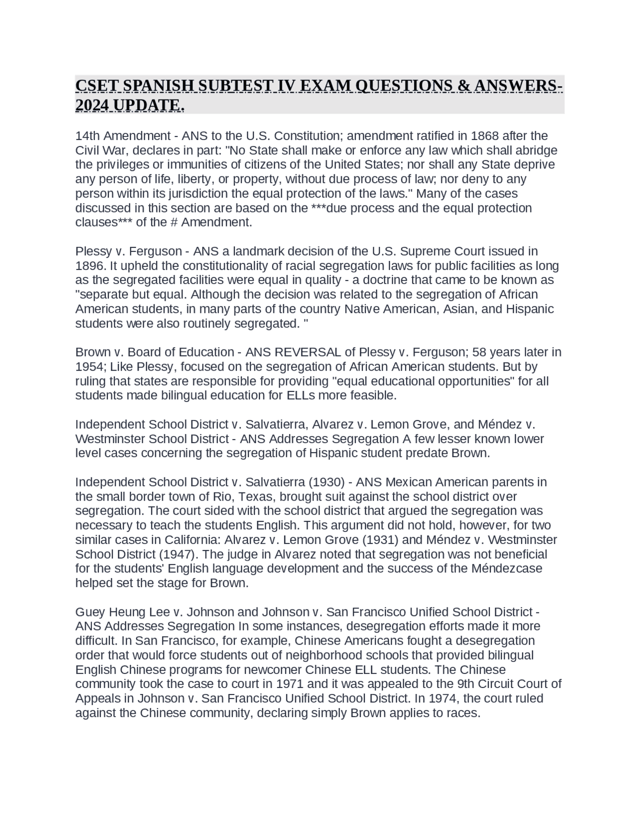 CSET SPANISH SUBTEST IV EXAM QUESTIONS & ANSWERS-2024 UPDATE. | Exams ...