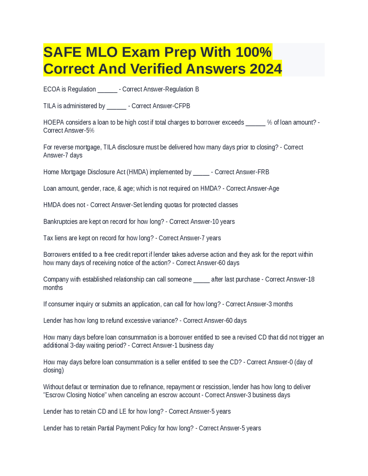 SAFE MLO Exam Prep With 100% Correct And Verified Answers 2024 | Exams ...