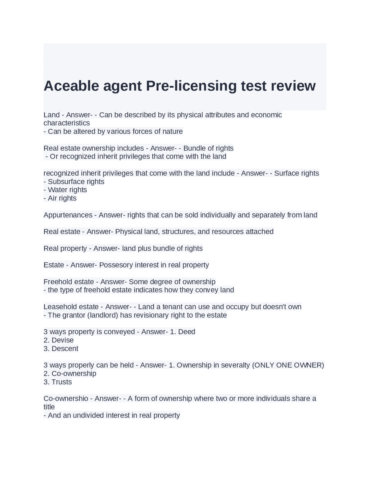 Aceable agent Pre-licensing test review 2024 Questions and Answers ...