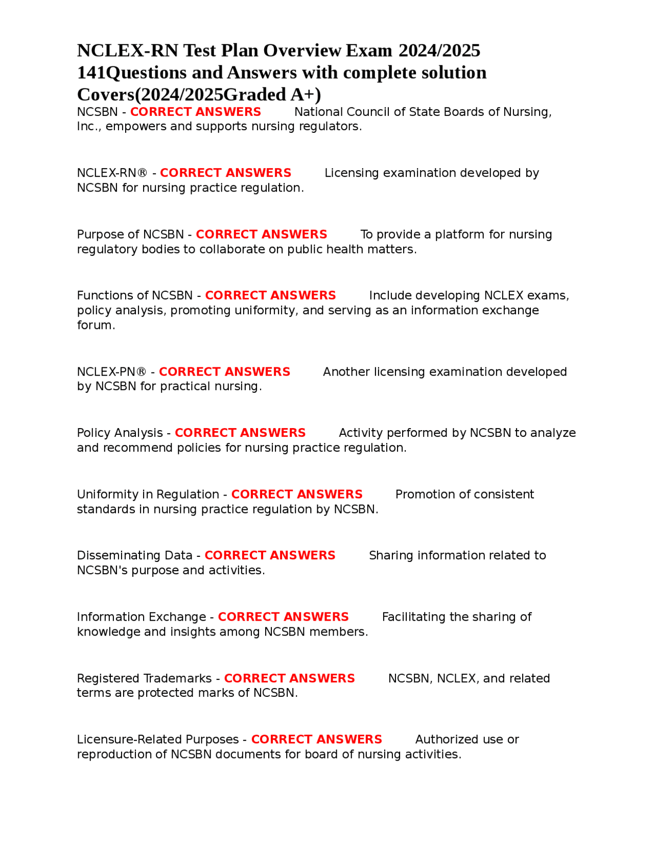 NCLEX-RN Test Plan Overview Exam 2024/2025 141Questions and Answers ...