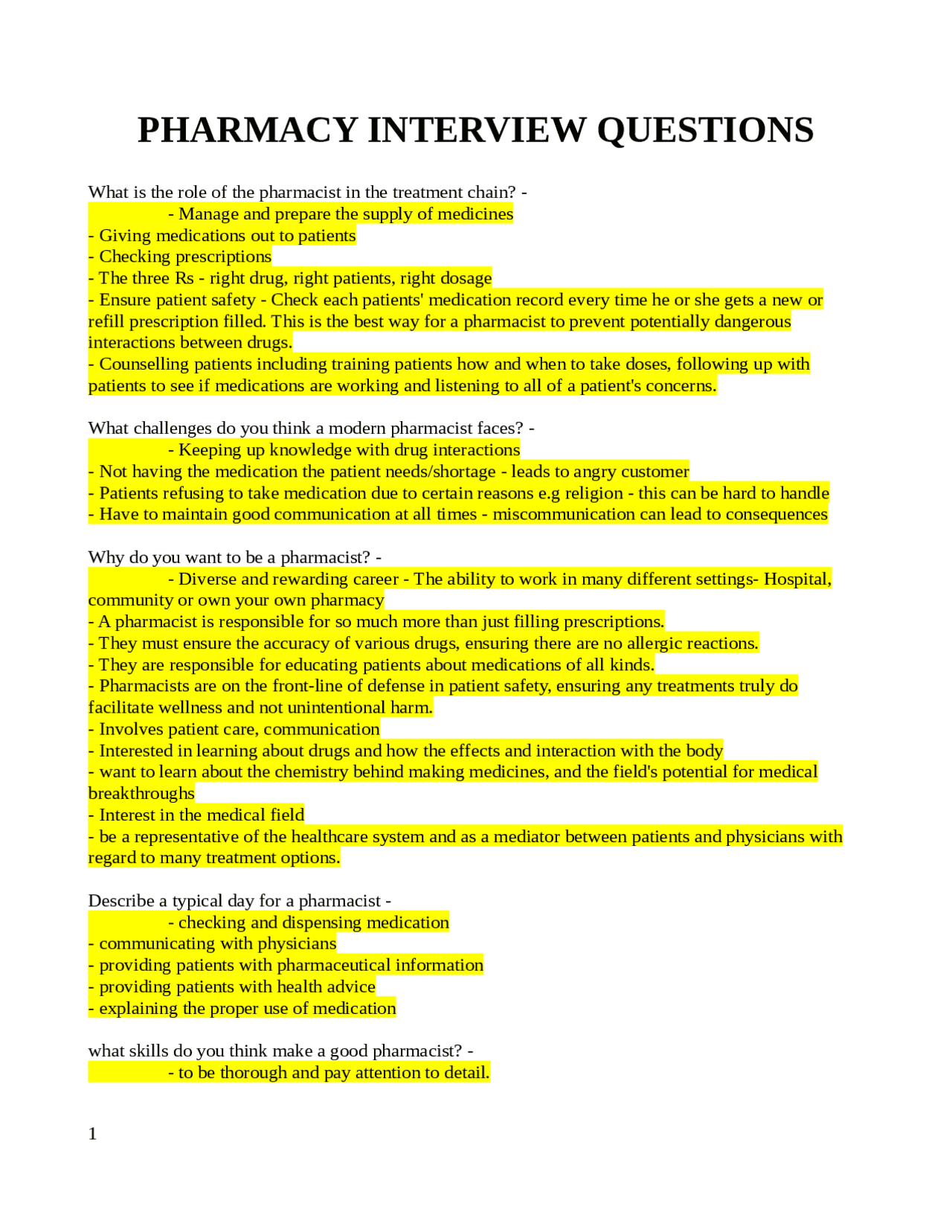 PHARMACY INTERVIEW QUESTIONS | Exams Pharmacy | Docsity