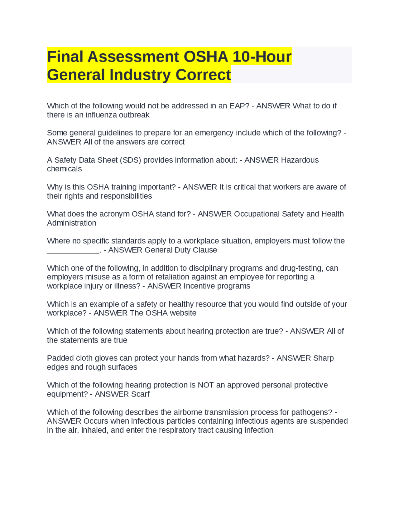 Final Assessment OSHA 10-Hour General Industry Correct | Exams ...