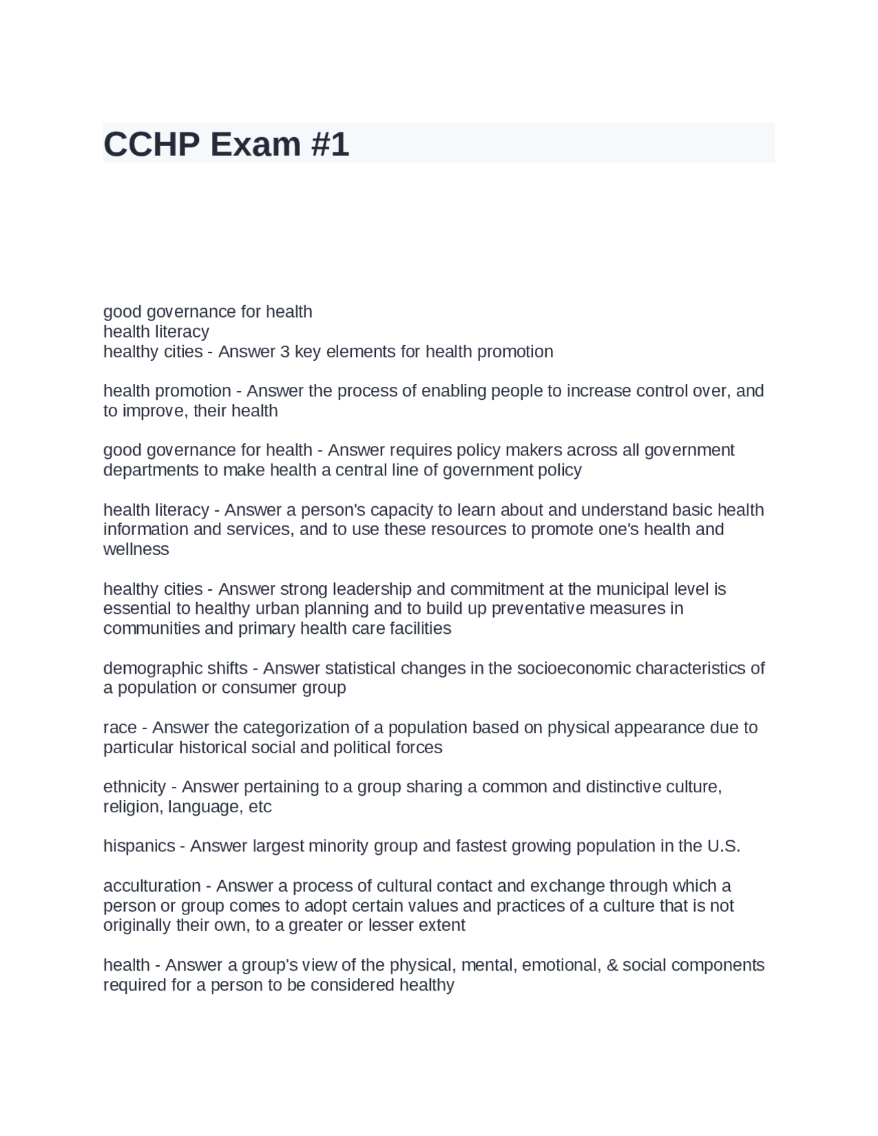CCHP Exam #1 Questions and Answers | Exams Nursing | Docsity