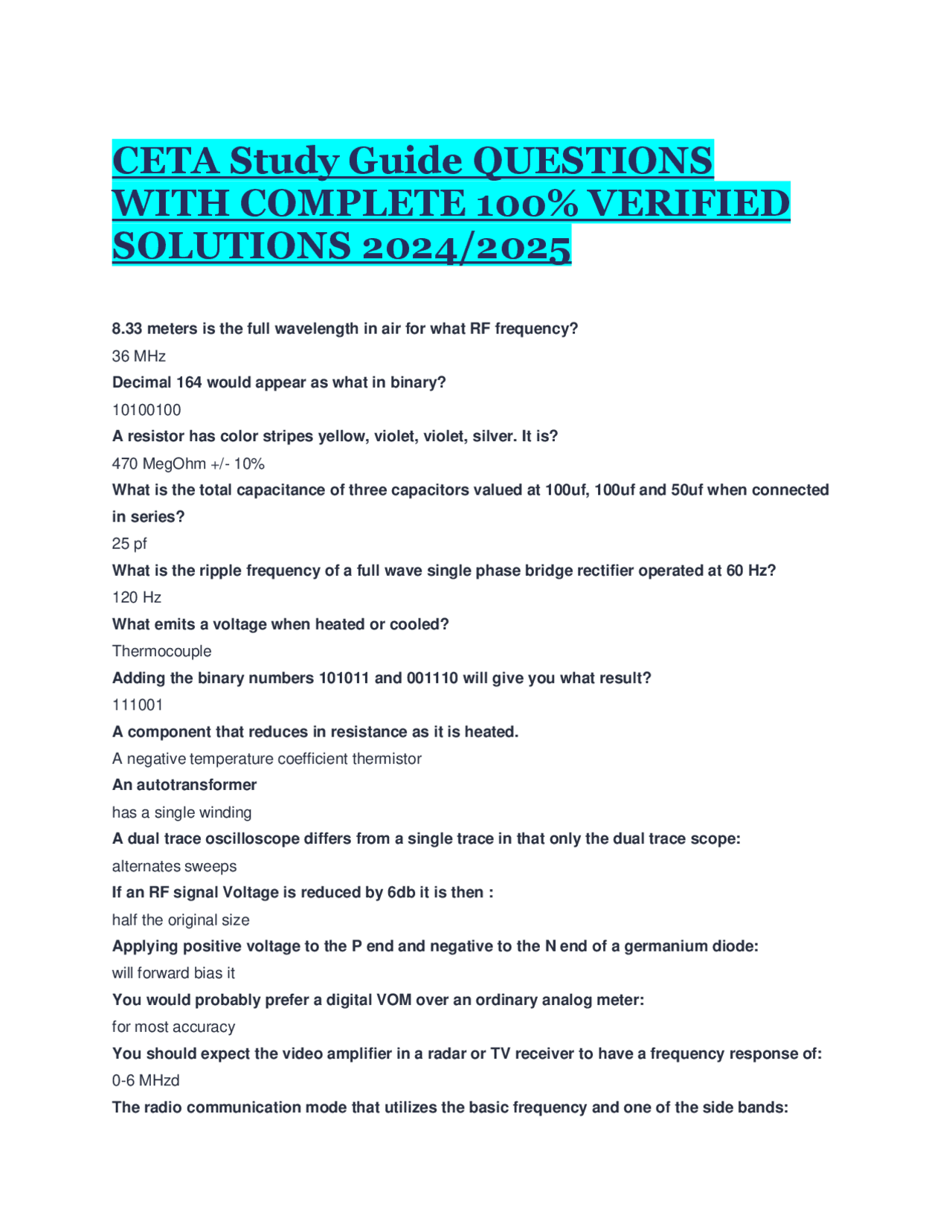CETA Study Guide QUESTIONS WITH COMPLETE 100% VERIFIED SOLUTIONS 2024/2025 | Exams Physics | Docsity