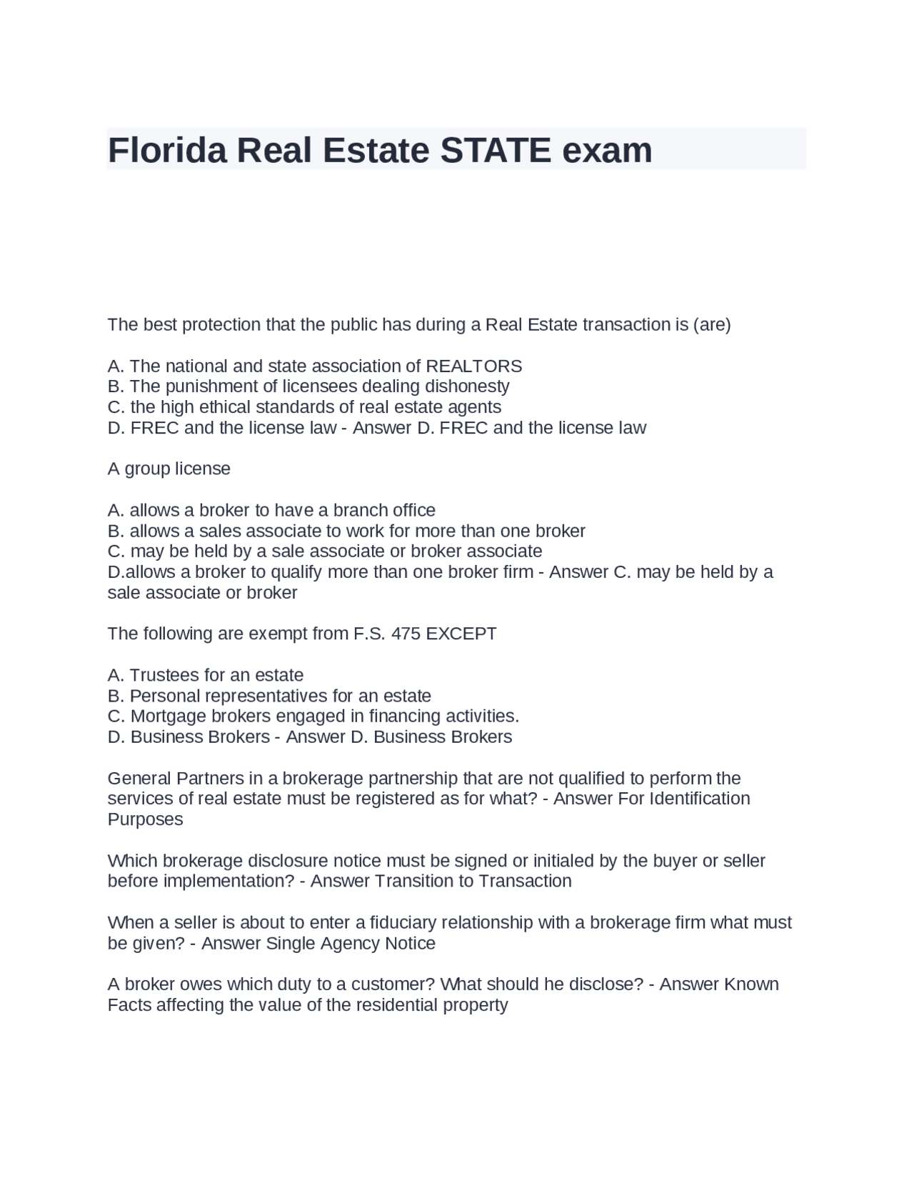 Florida Real Estate STATE Exam with 100% Correct Answers | Exams ...