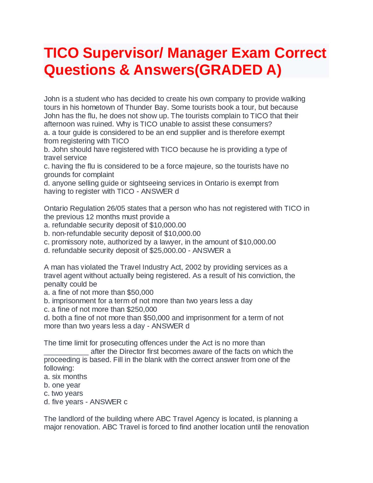 TICO Supervisor/Manager Exam Correct Questions & Answers | Exercises ...