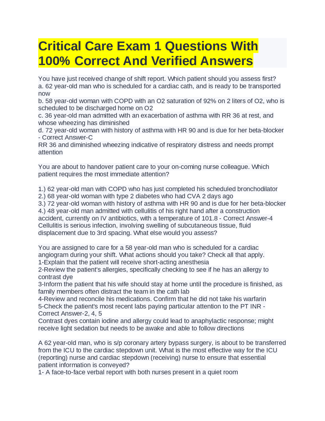 Critical Care Exam 1 Questions With 100% Correct And Verified Answers ...