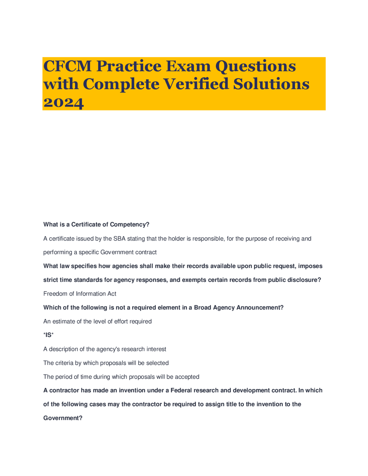 CFCM Practice Exam Questions with Complete Verified Solutions 2024 ...