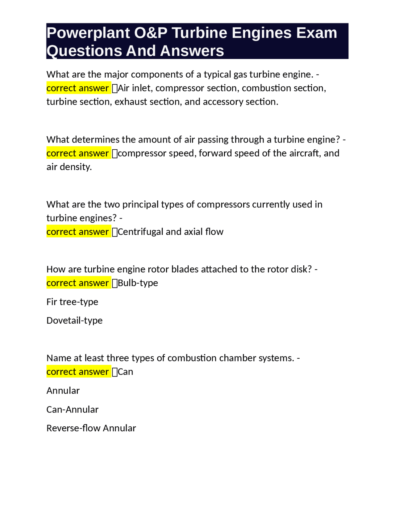 Powerplant O&P Turbine Engines Exam Questions And Answers | Exams ...