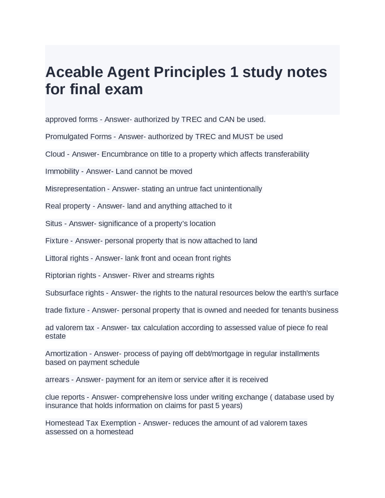 Aceable Agent Principles 1 study notes for final exam questions and ...