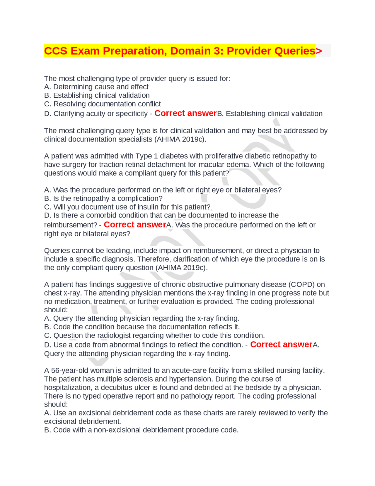 CCS Exam Preparation, Domain 3: Provider Queries | Exams Nursing | Docsity