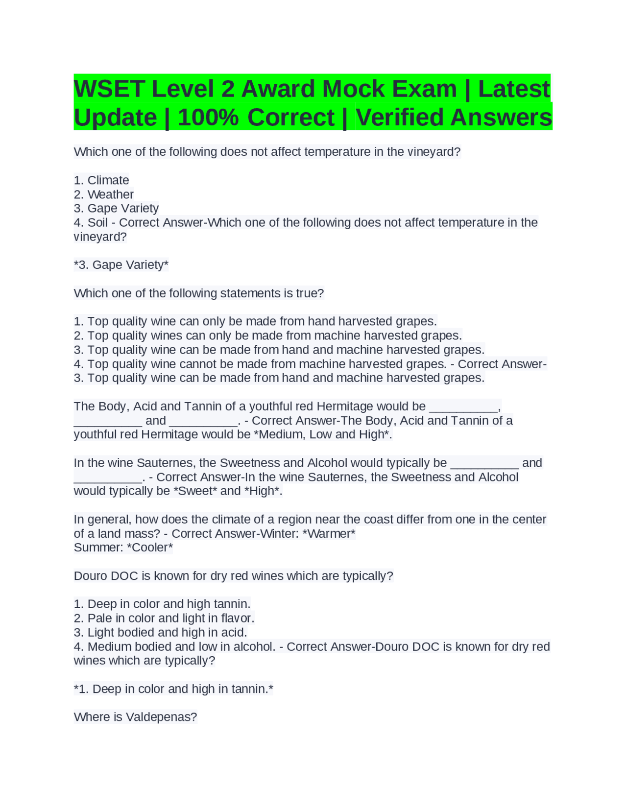 WSET Level 2 Award Mock Exam | Latest Update | 100% Correct | Verified ...