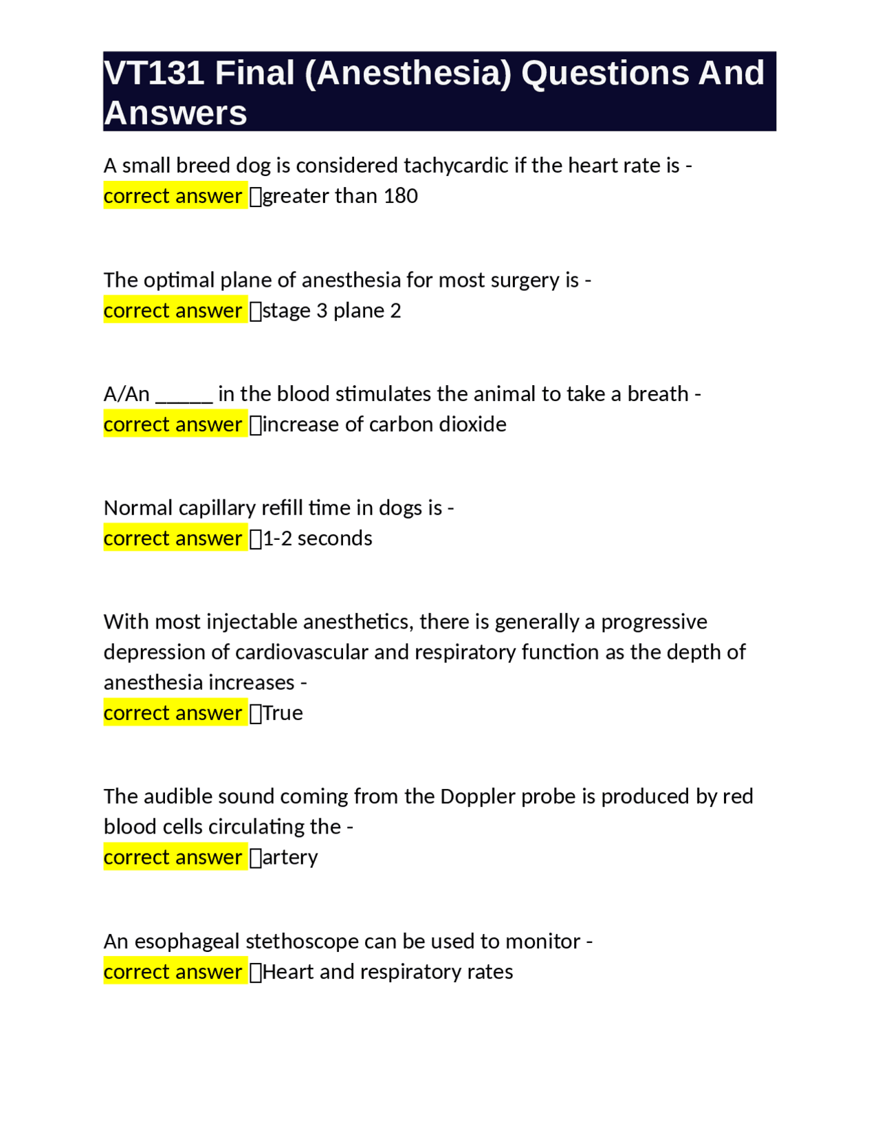 VT131 Final (Anesthesia) Questions And Answers | Exams Cardiology | Docsity