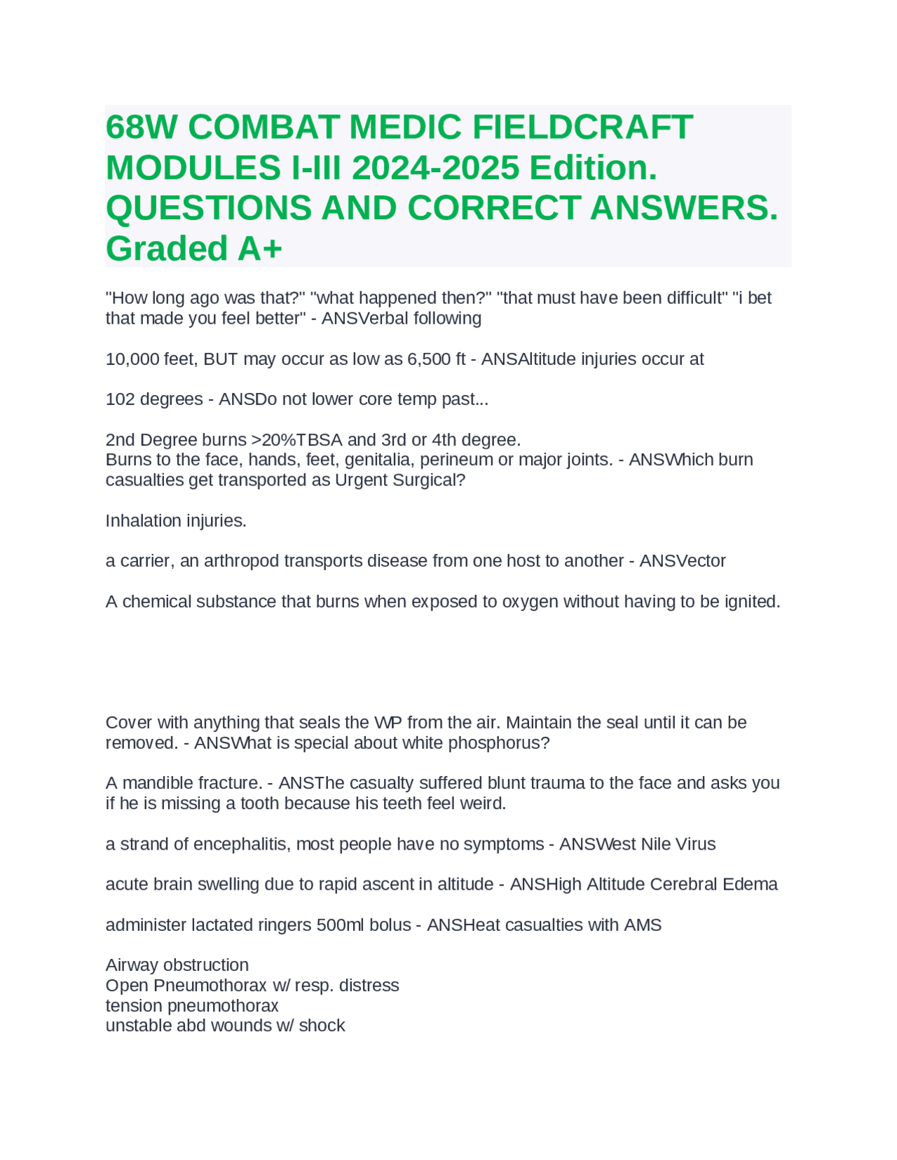 68W COMBAT MEDIC FIELDCRAFT MODULES I-III 2024-2025 Edition.QUESTIONS ...