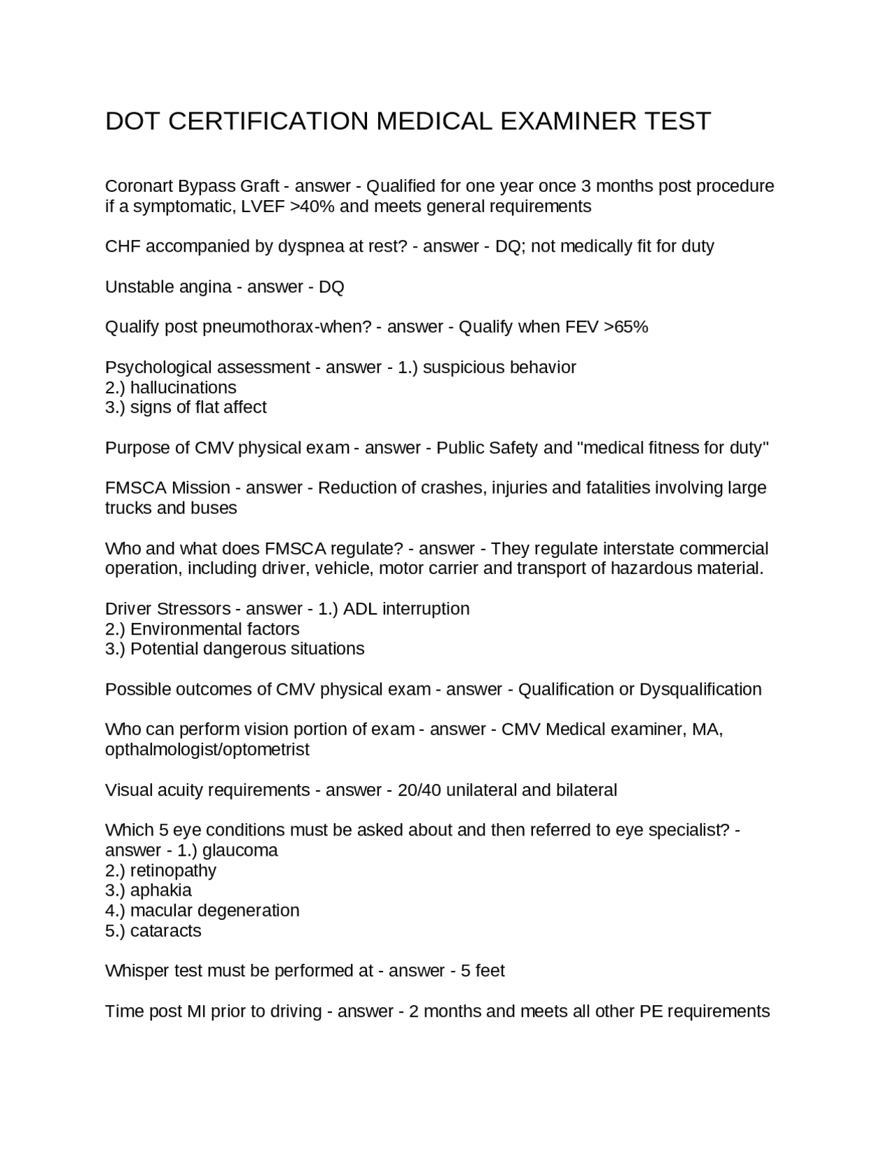 DOT CERTIFICATION MEDICAL EXAMINER TEST | Exams Nursing | Docsity