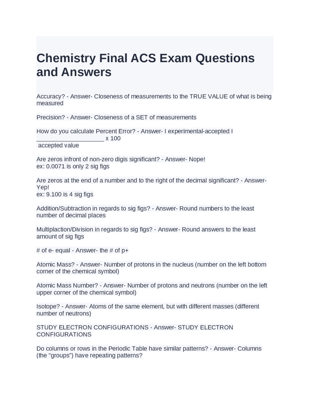 Chemistry Final ACS Exam Questions and Answers | Exams Biochemistry ...
