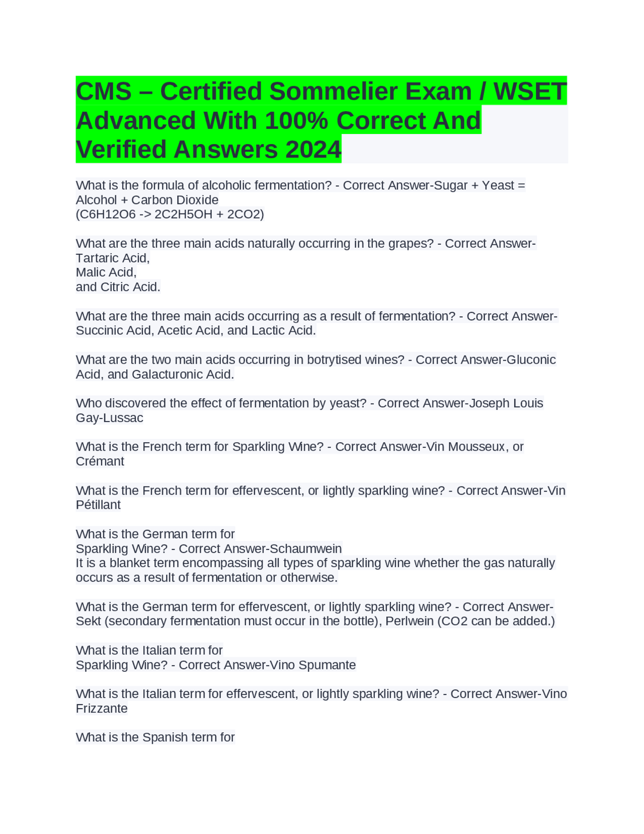 CMS – Certified Sommelier Exam / WSET Advanced With 100% Correct And ...