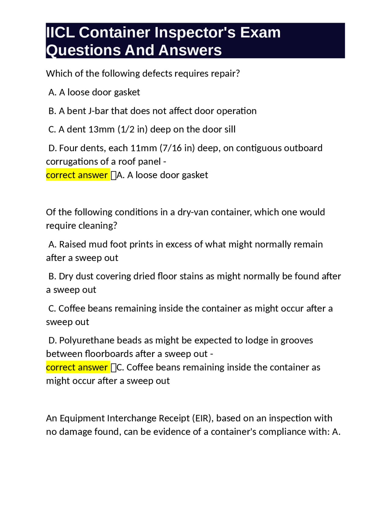 IICL Container Inspector's Exam Questions And Answers | Exams ...