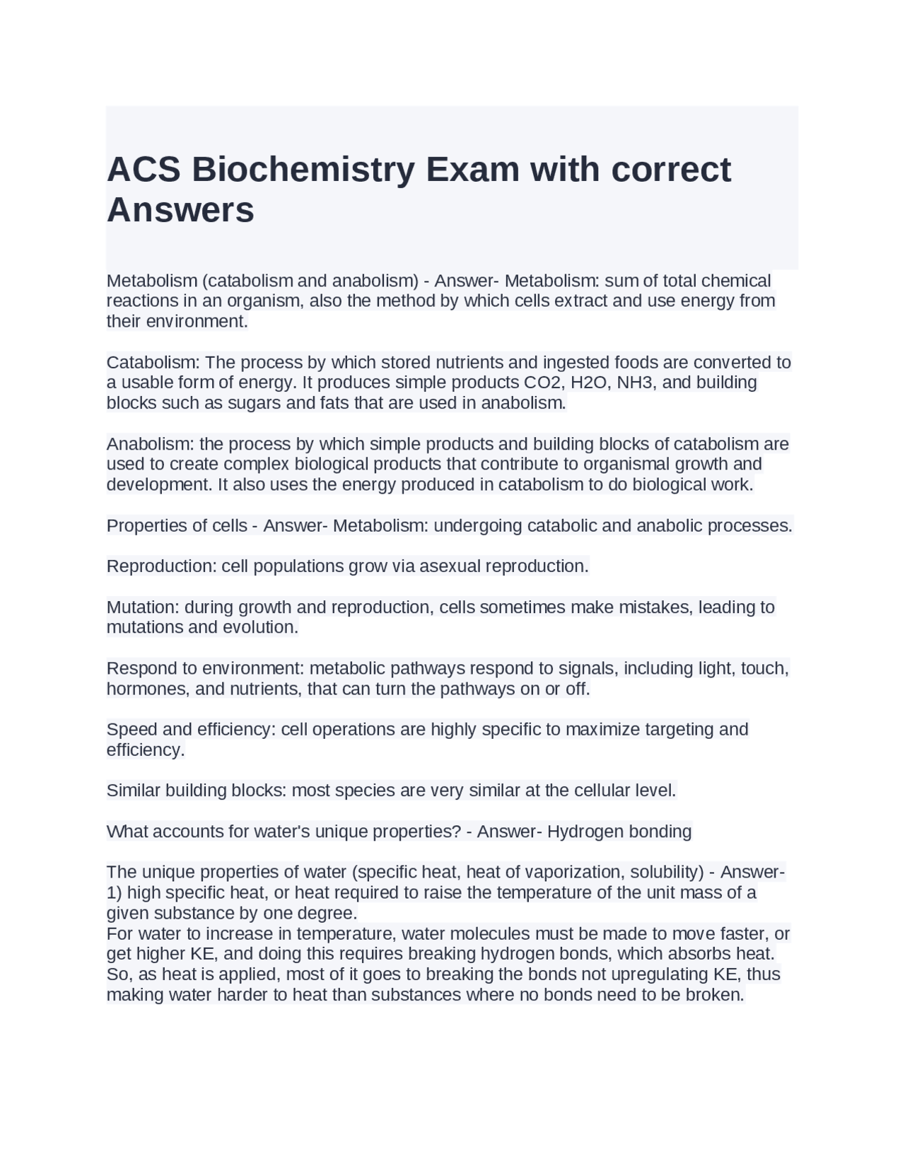 ACS Biochemistry Exam with correct Answers | Exams Biochemistry | Docsity
